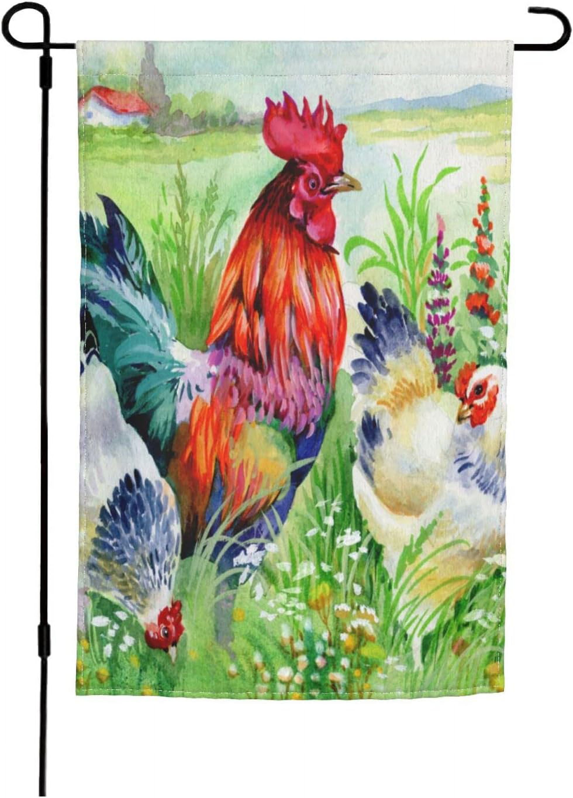 Chicken and Rooster in Grass Garden Flags Premium Vintage Watercolor ...