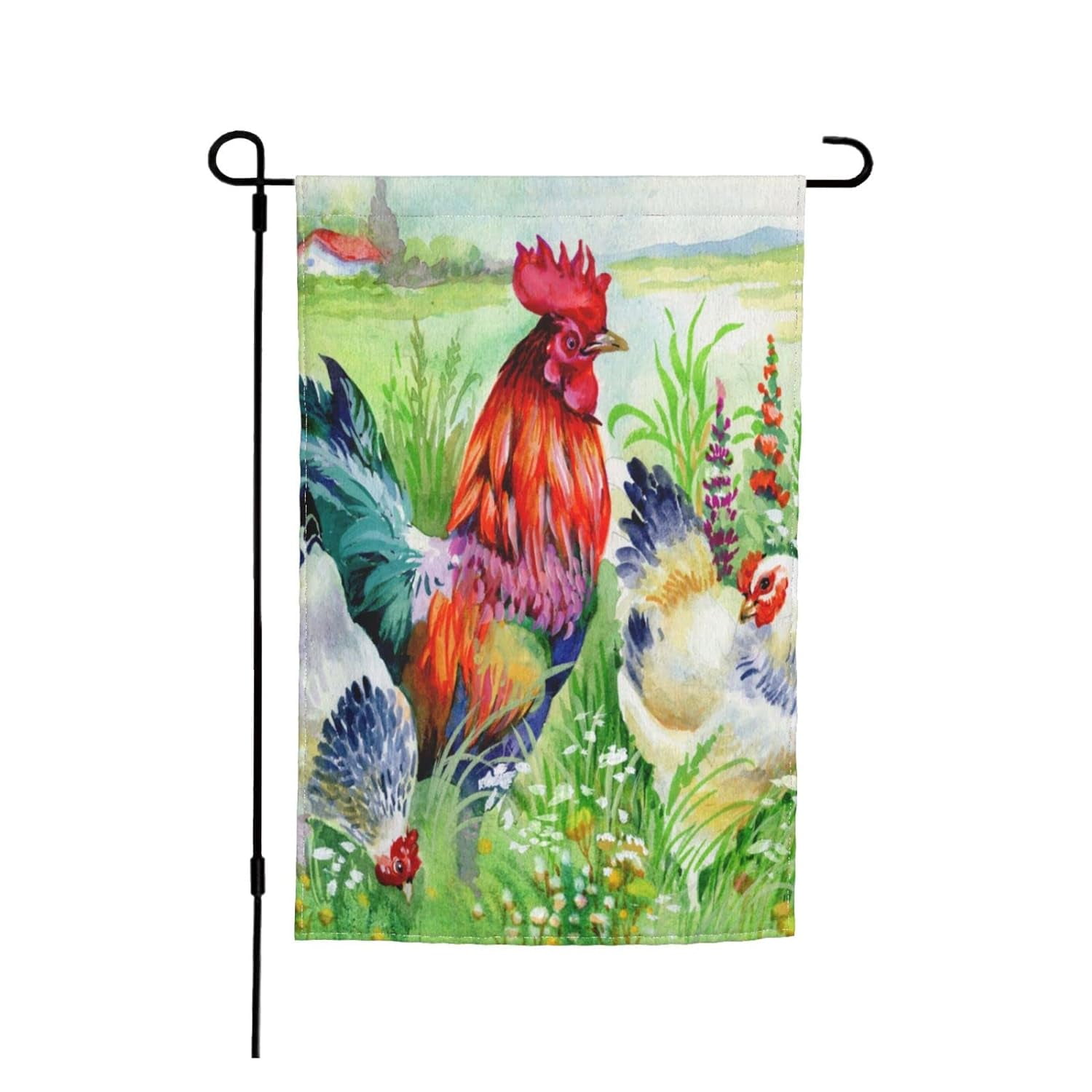 Chicken and Rooster in Grass Garden Flags Premium Vintage Watercolor Rustic Animal Art Painting ...