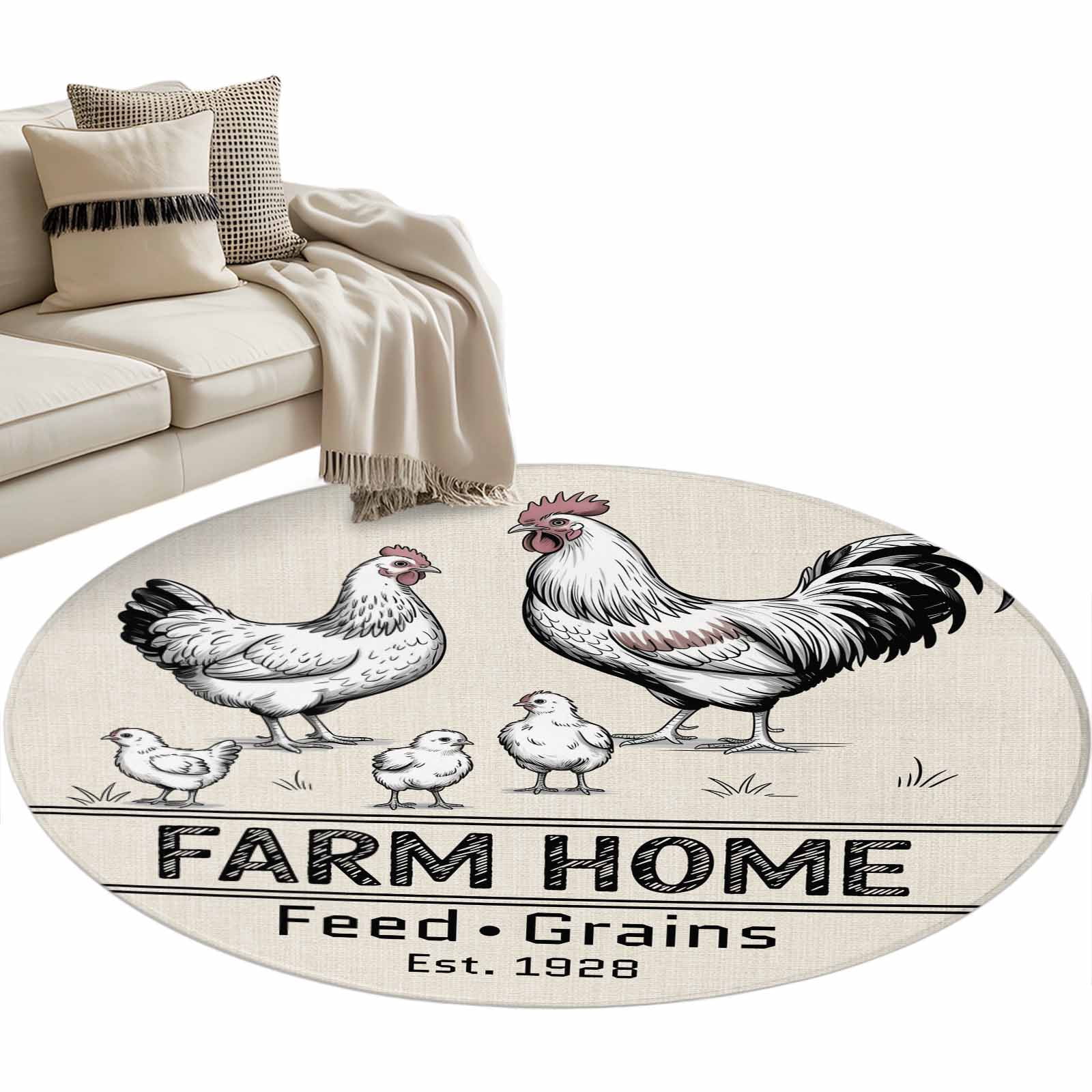Chicken Round Rug 3.3ft Washable Circle Entryway Rugs Non Slip Vintage ...