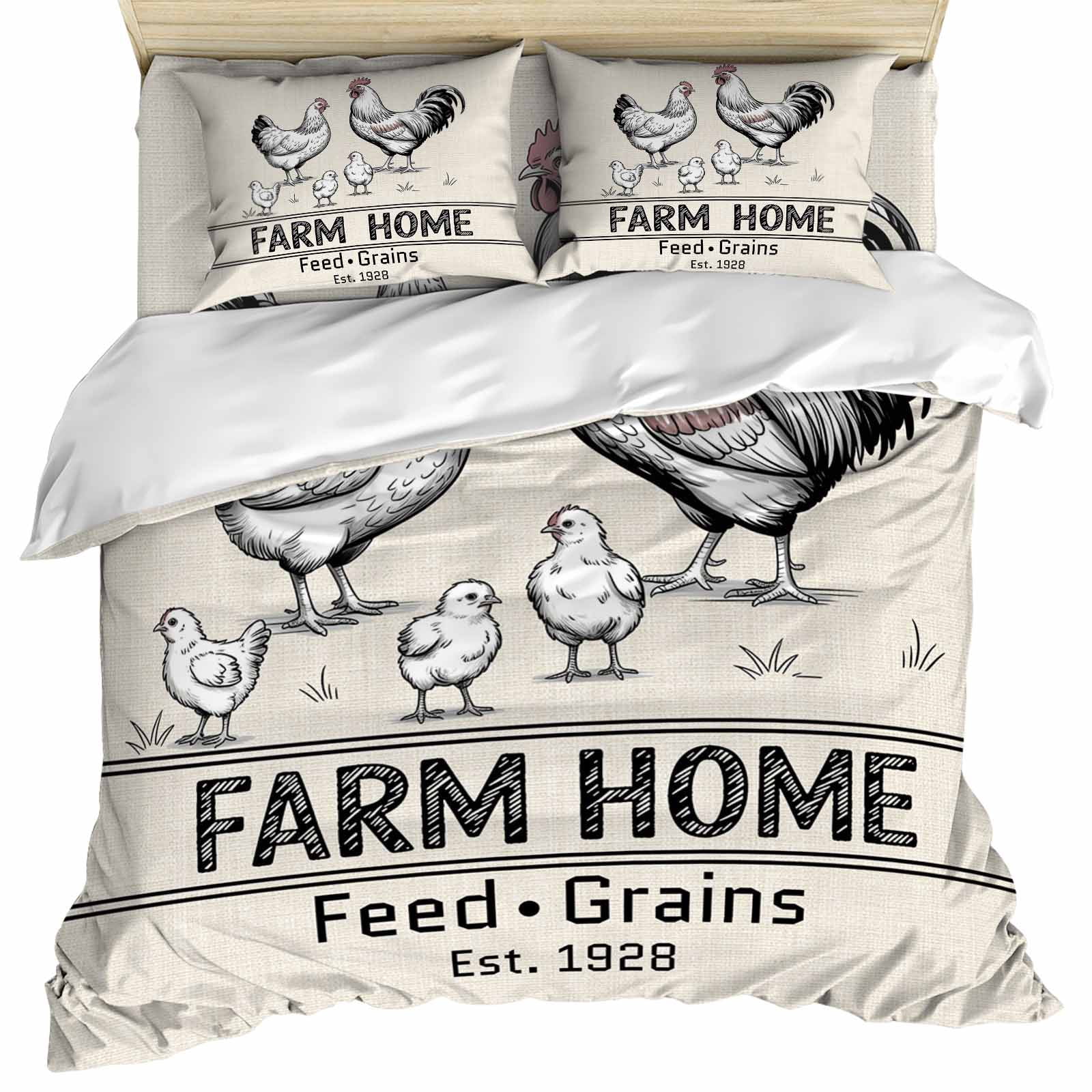 Chicken Set of 4 Bedding Quilt Covers, Vintage Rustic Farmhouse Animals ...