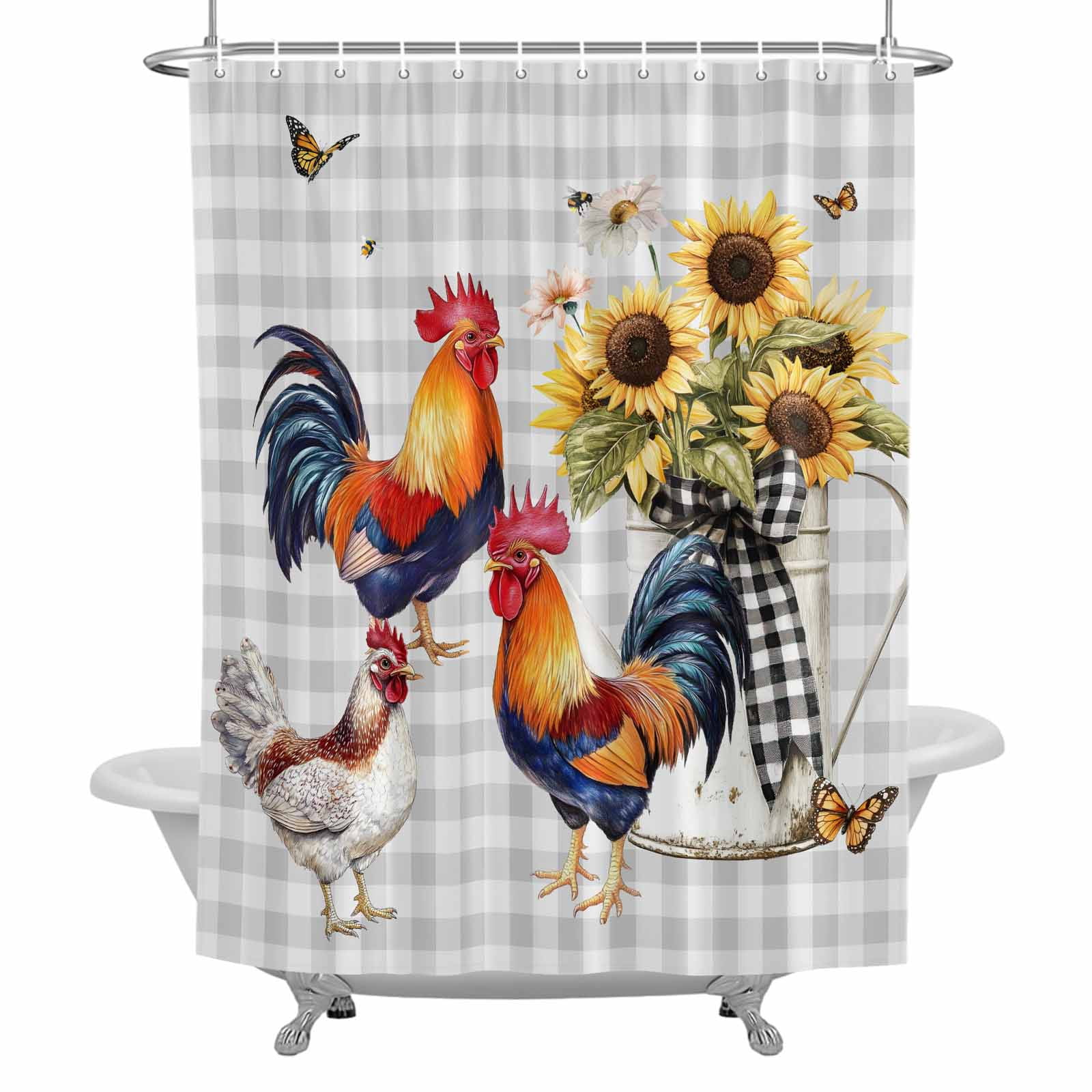 Chicken Shower Curtain for Bathroom, Sunflower Butterfly Waterproof ...