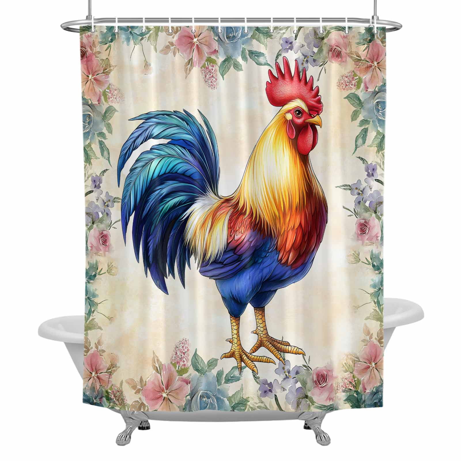 Chicken Shower Curtain for Bathroom, Watercolor Flower Waterproof Cloth ...