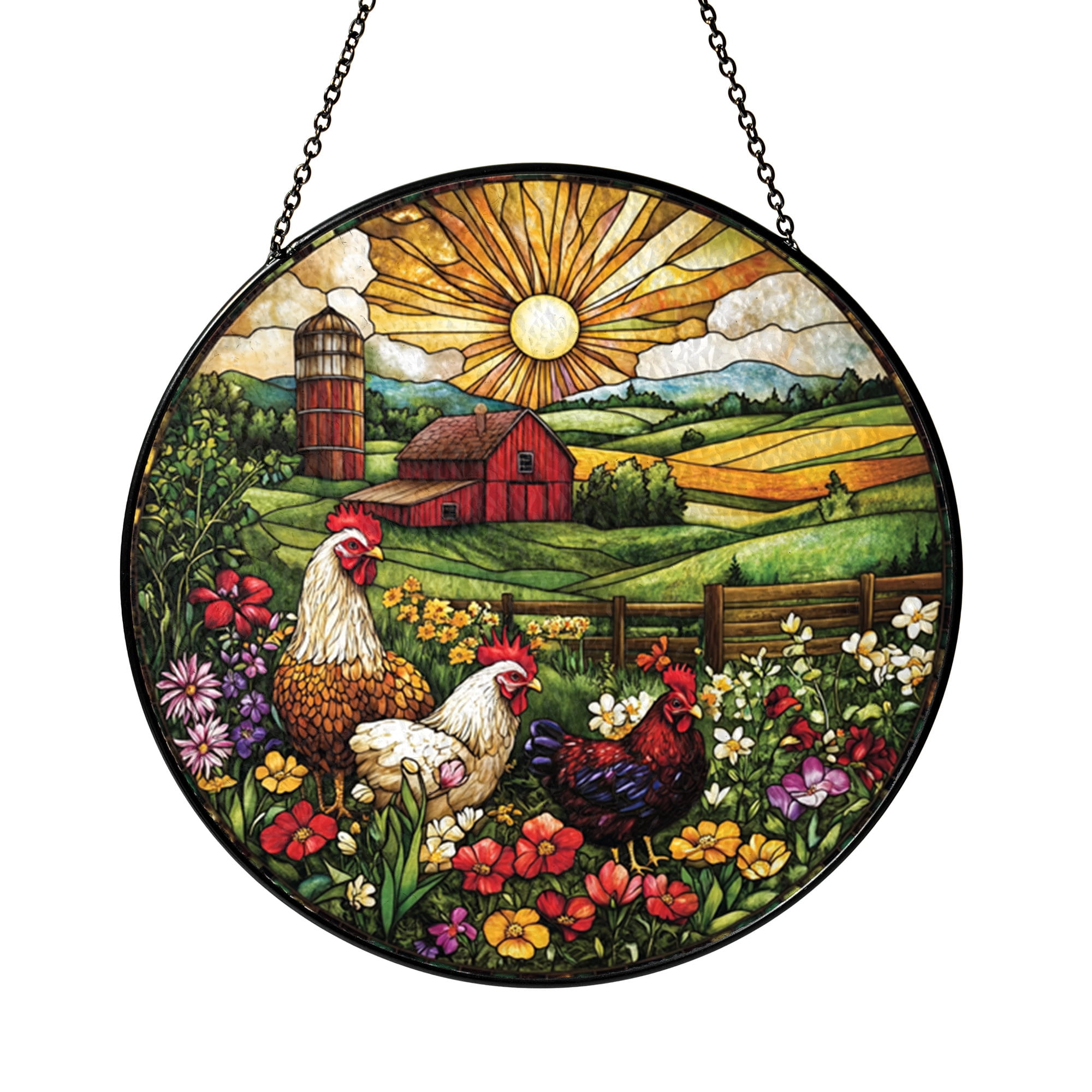 Chicken Stained Glass Suncatcher, Floral Garden Window Hanging Decor ...