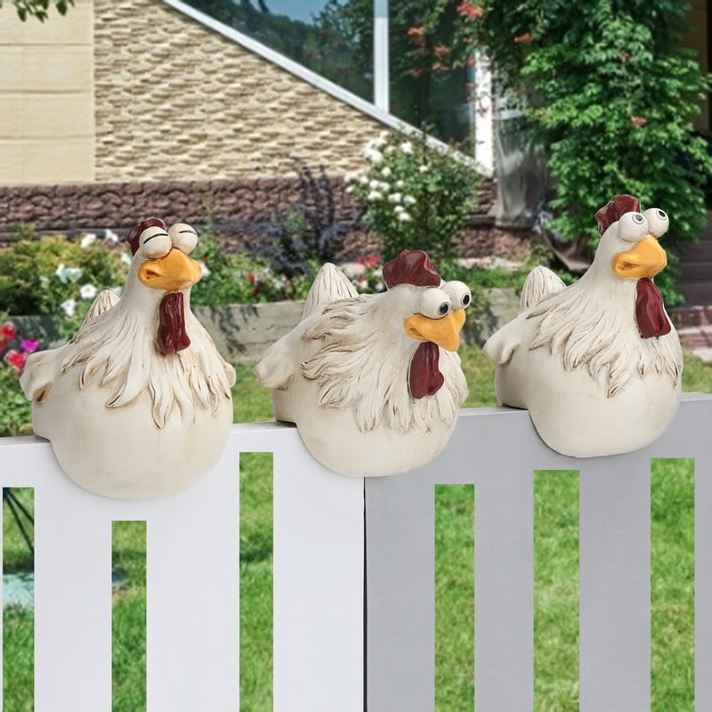 Chicken Statue,Sitting on Fence Funny Chicken Garden Decor,Resin ...