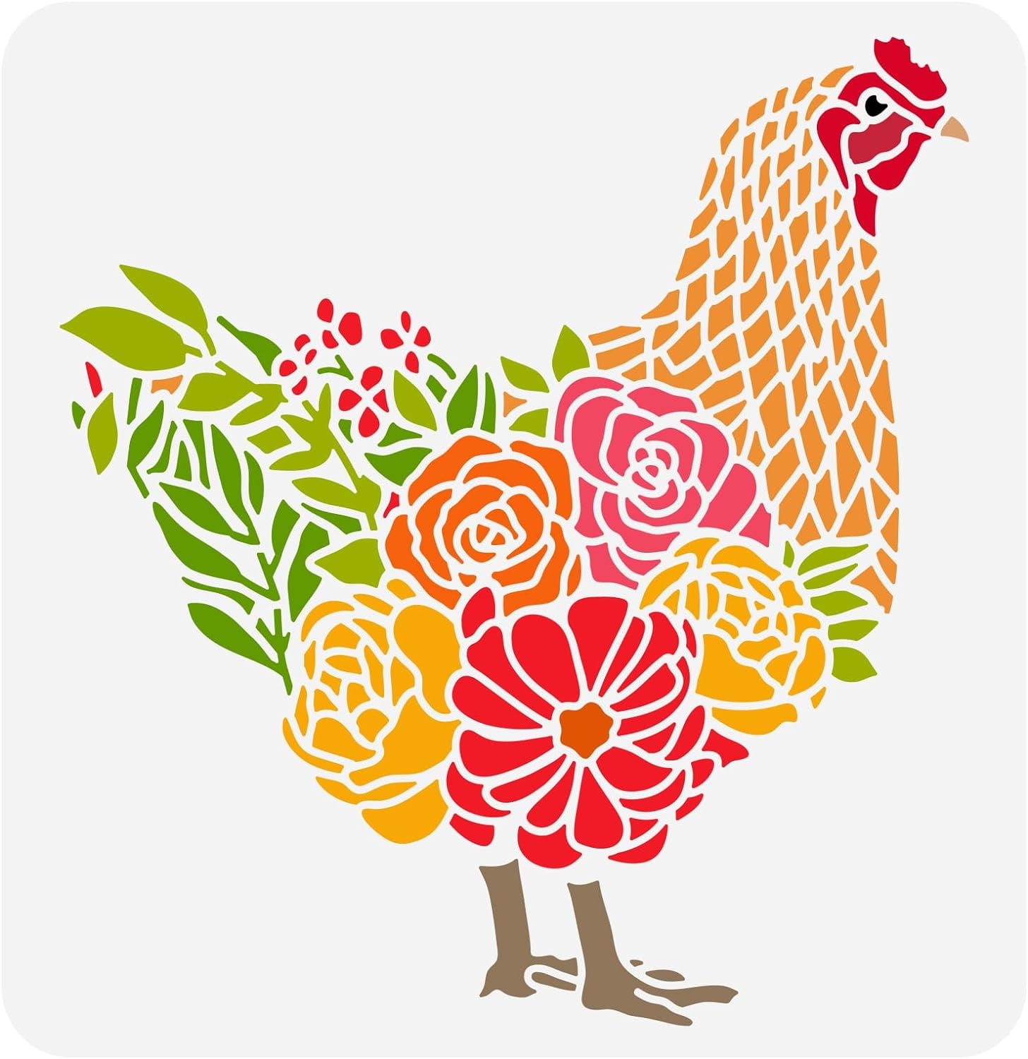 Chicken Stencil 11.8x11.8inch Rooster with Flowers Grass Drawing ...