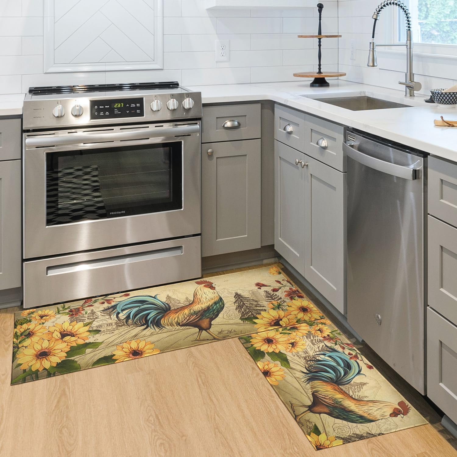 Chicken Sunflower Kitchen Mats for Floor, Rooster Floral Farmhouse ...
