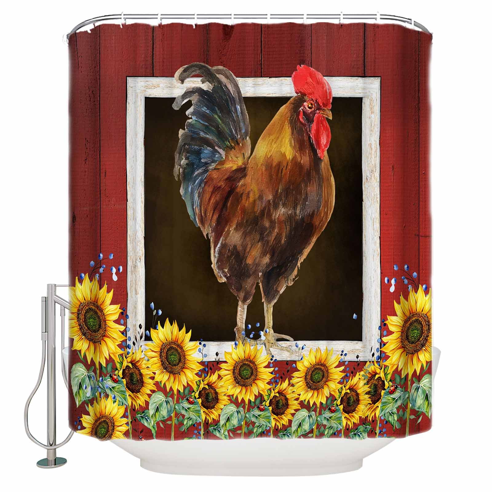 Chicken Sunflowers Bathroom Shower Curtains with 12 Hooks Polyester ...
