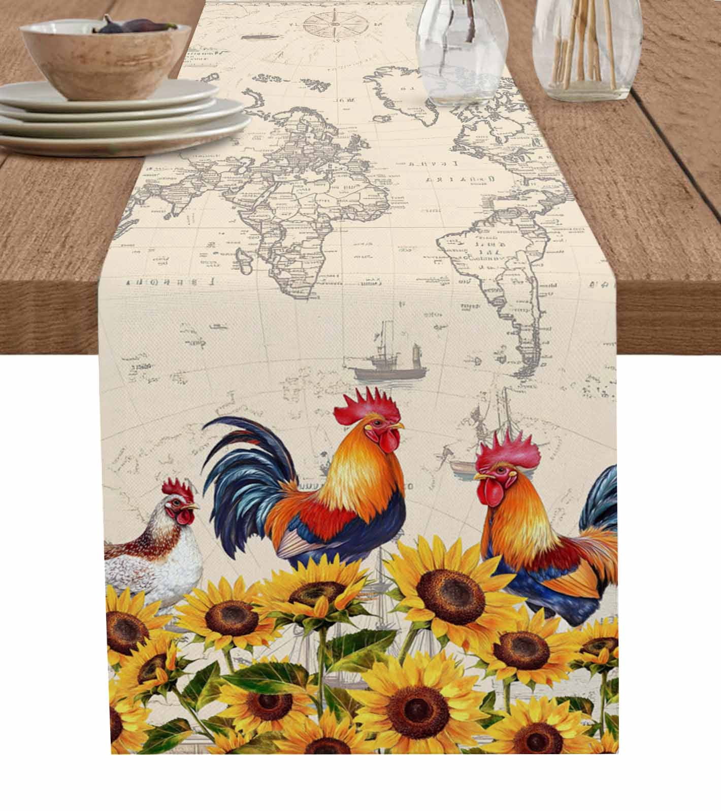 Chicken Sunflowers Burlap Cotton Table Runner 13x120 Inches Long ...
