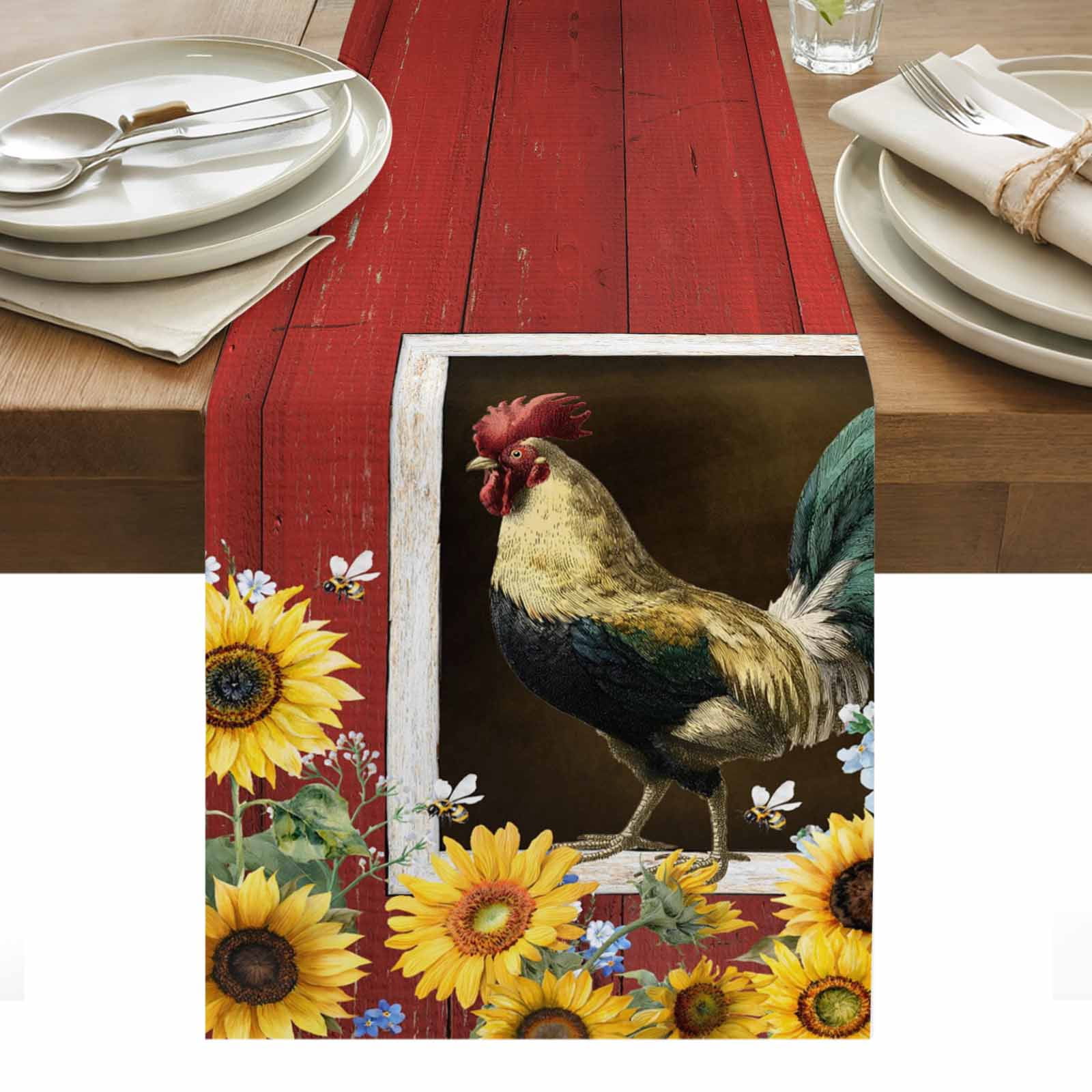 Chicken Sunflowers Cotton Linen Table Runner Yellow Flower Bee Farms ...