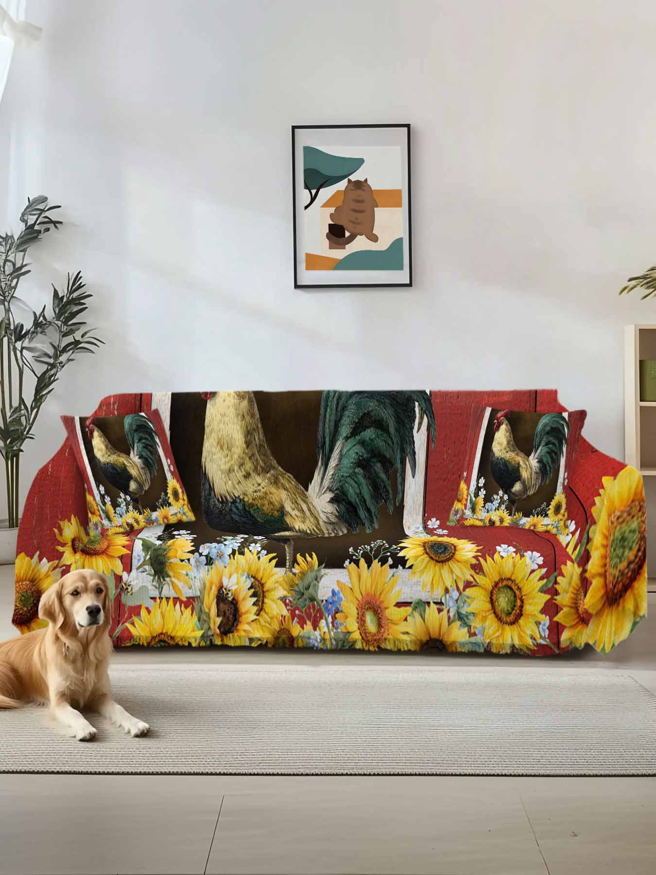 Chicken Sunflowers Couch Cover for 2 Cushion Sofa, Farmhouse Animals ...