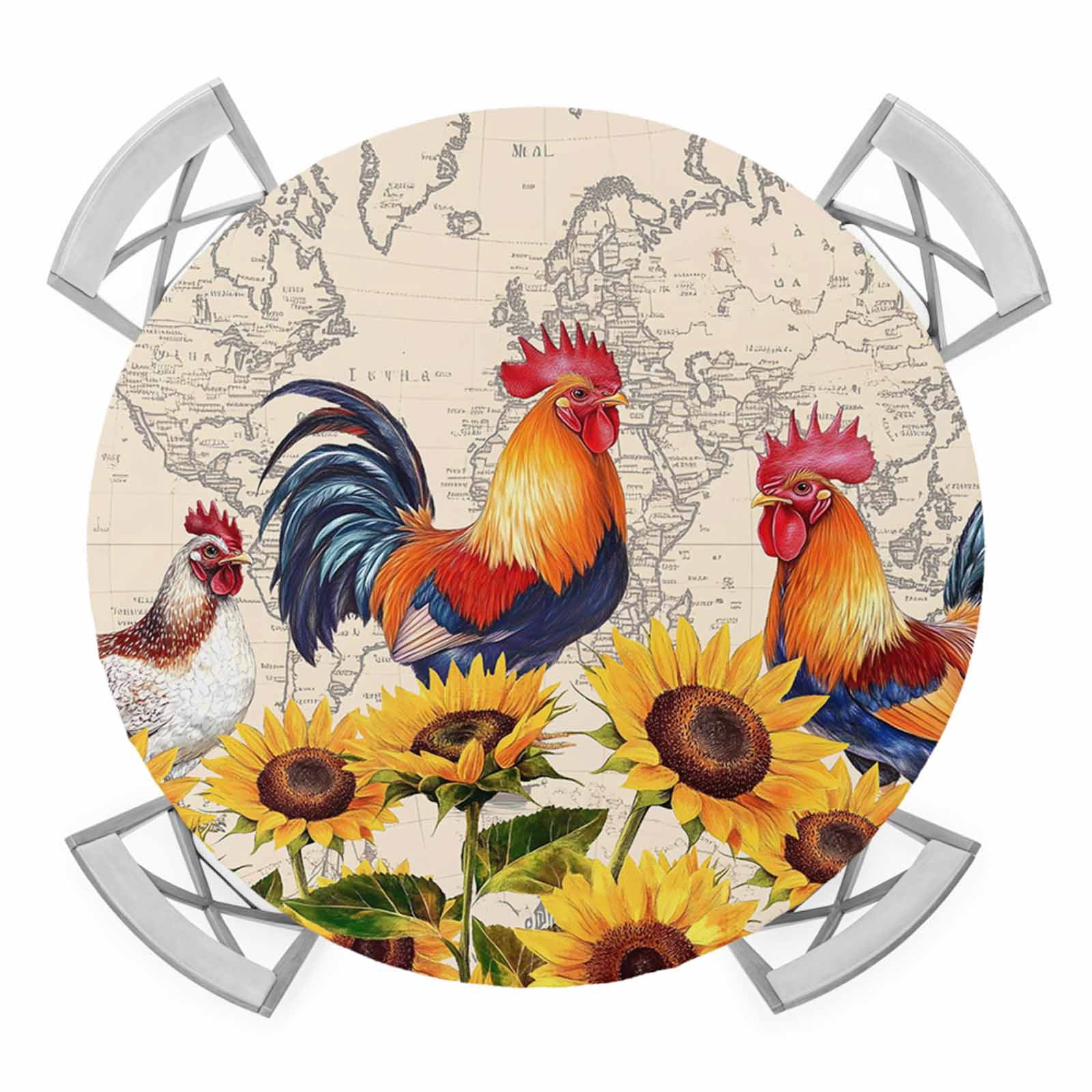 Chicken Sunflowers Round Tablecloth for 55-60 Inch Tables,Fitted Table ...
