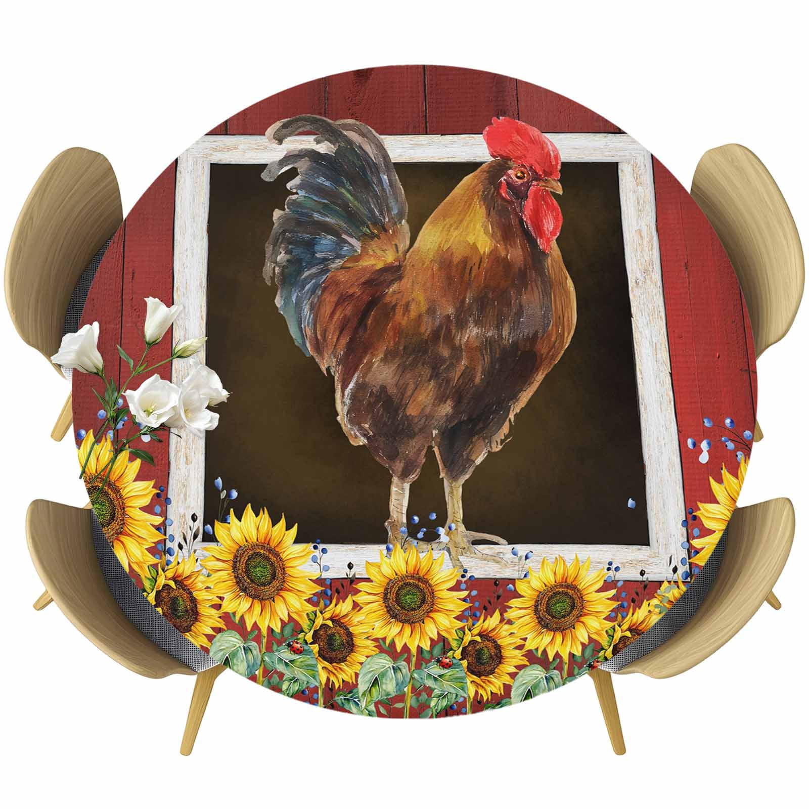 Chicken Sunflowers Round Tablecloth, Fitted Table Cover with Elastic ...