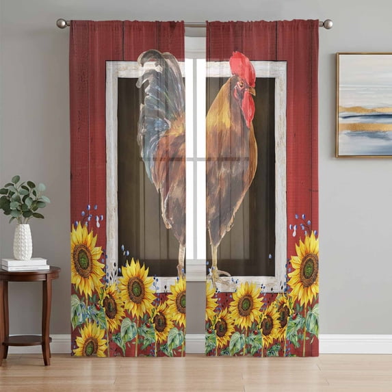 Chicken Sunflowers Sheer Curtains 63 Inch Length 2 Panels Set, Country ...
