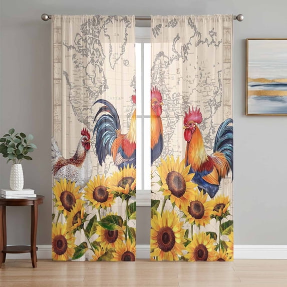 Chicken Sunflowers Sheer Curtains 63 Inch Length 2 Panels Set ...