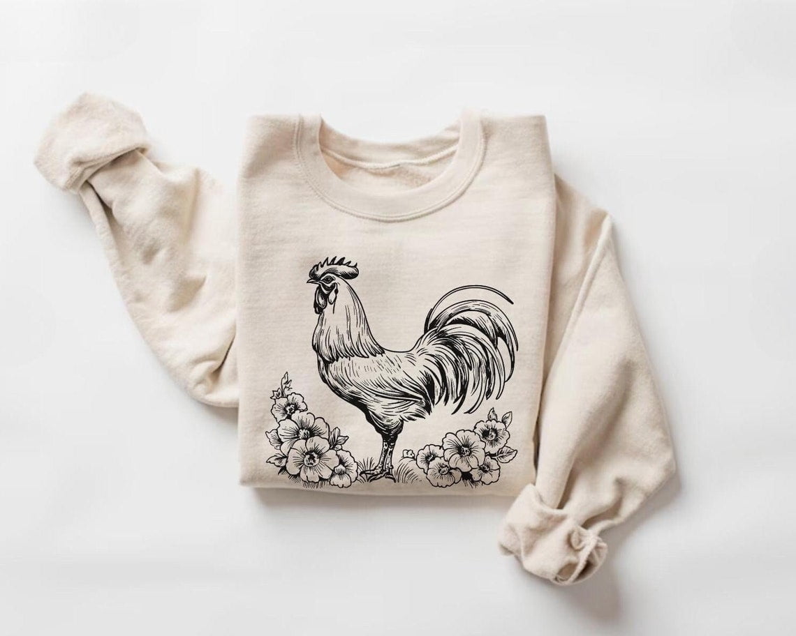 Chicken Sweatshirt, Rooster Sweater, Wildflowers and Chicken Pullover ...