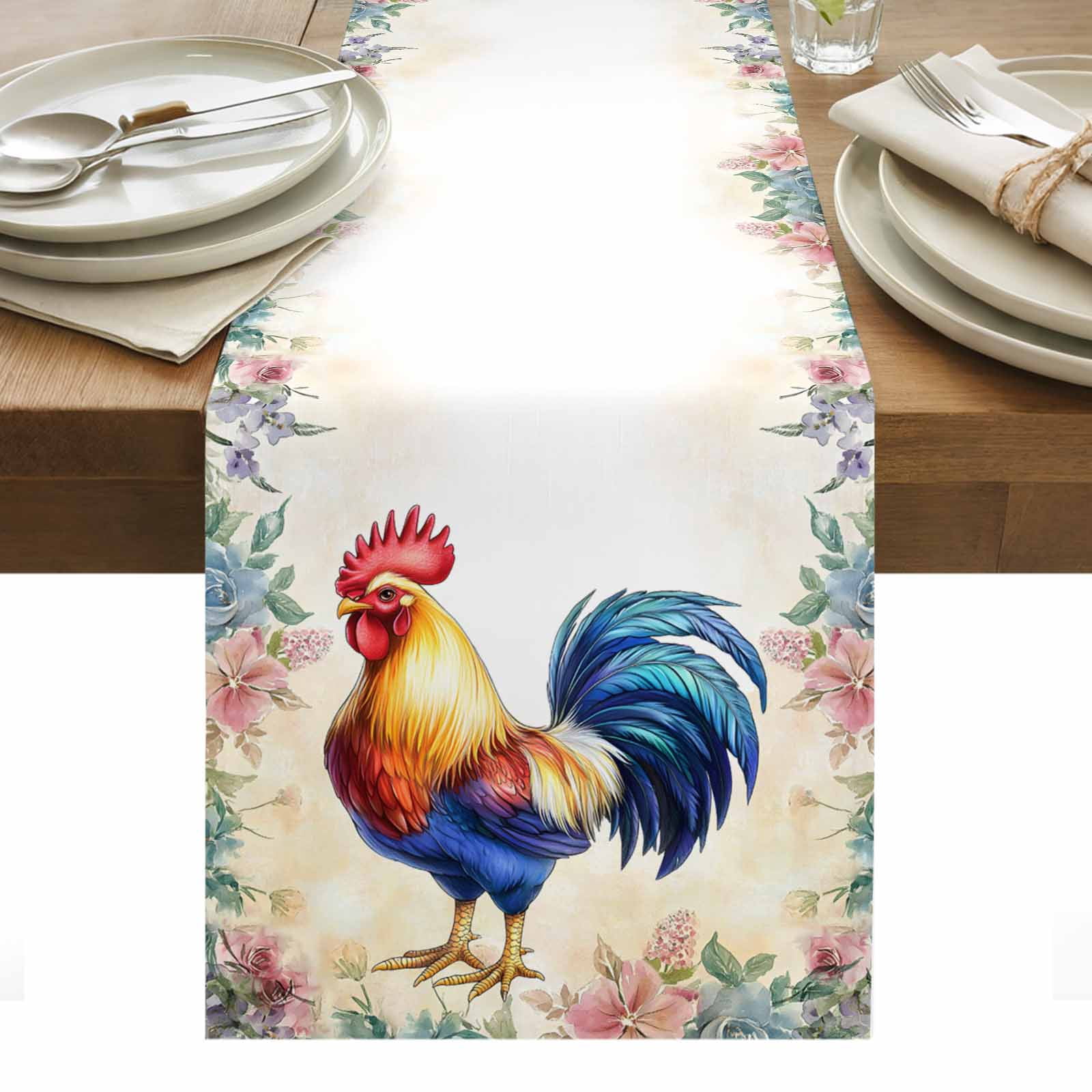 Chicken Table Runner 13 x 90 Inch, Watercolor Flower Washable Cotton ...