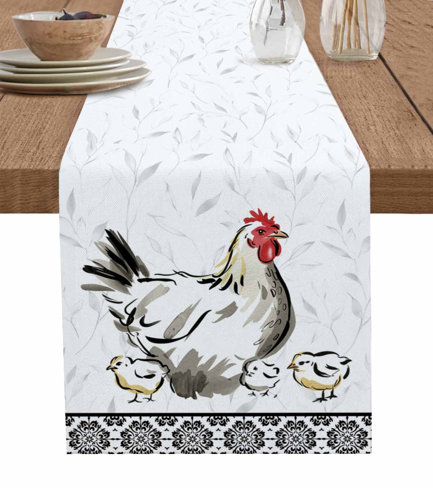 Chicken Table Runner 70 Inches, Farmhouse Country Animal Black Flower ...
