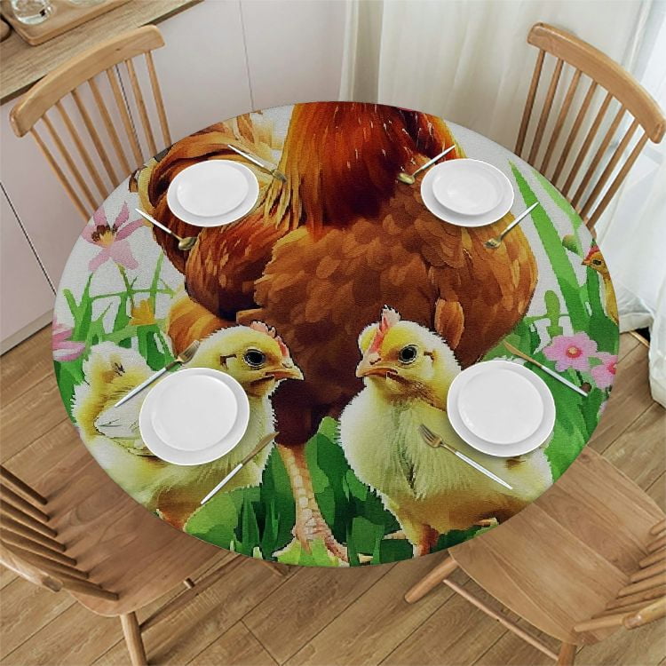Chicken Tablecloth, Aquerelle and Her on a Garden with White Fences and ...