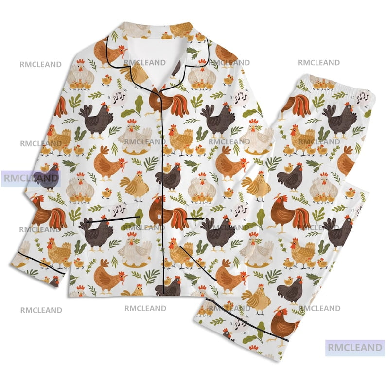 Chicken Unisex Long Sleeve Adult Nightwear Pajama Set, Chicken Pyjamas ...