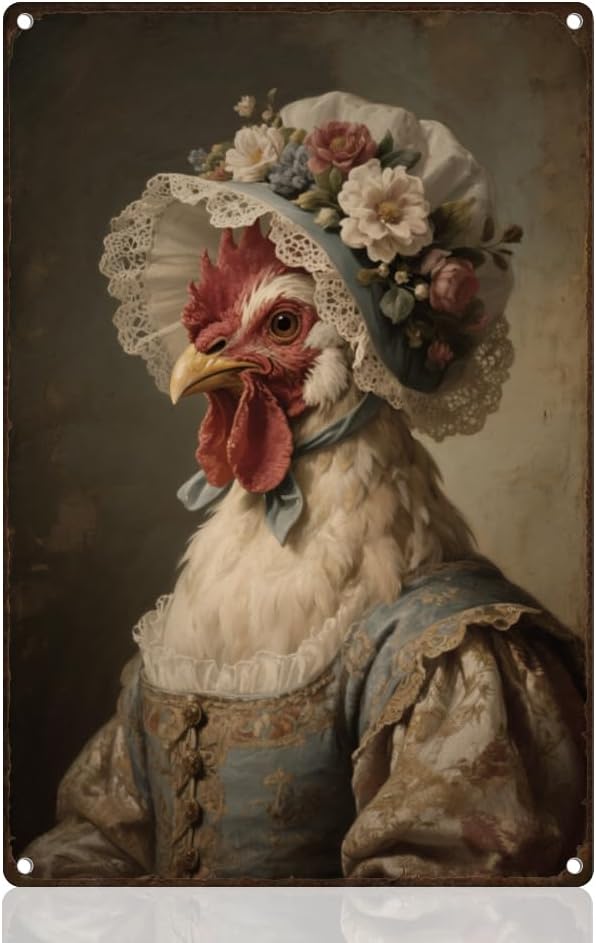 Chicken in Victorian Dress Tin Sign Retro Metal Wall Decor 8" x 12 ...