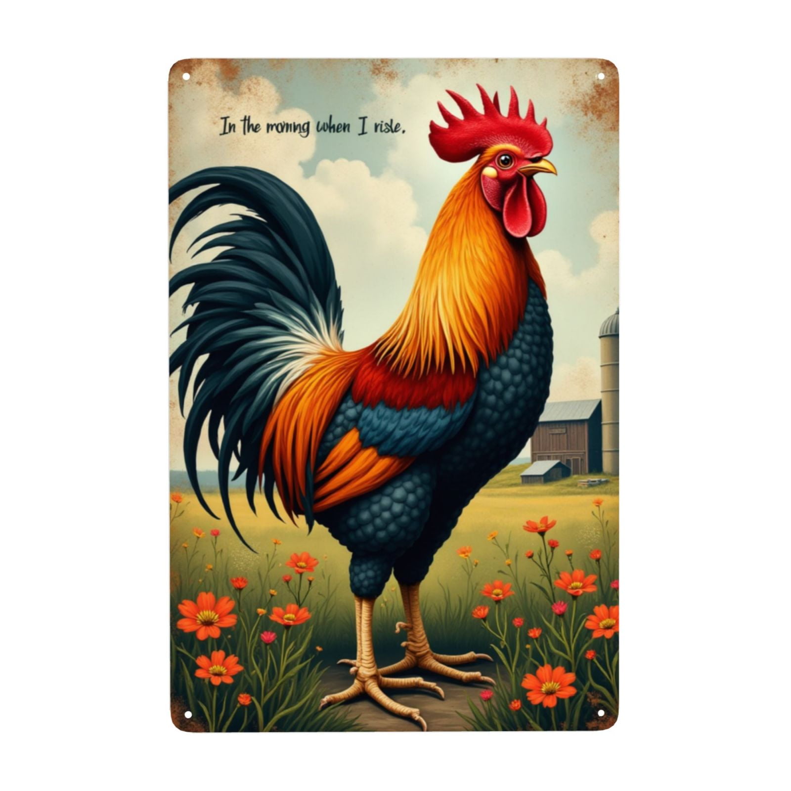 Chicken Vintage Tin Sign Rooster Crowing Farm Fence Wall Plaque In The ...
