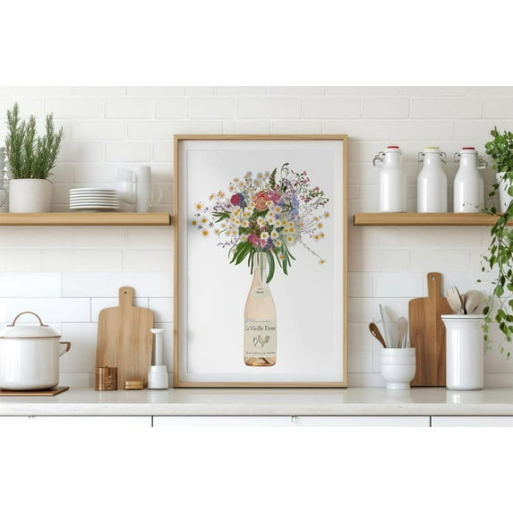 Chicken Wine Bottle with Wild flowers Illustration Kitchen Art Print ...