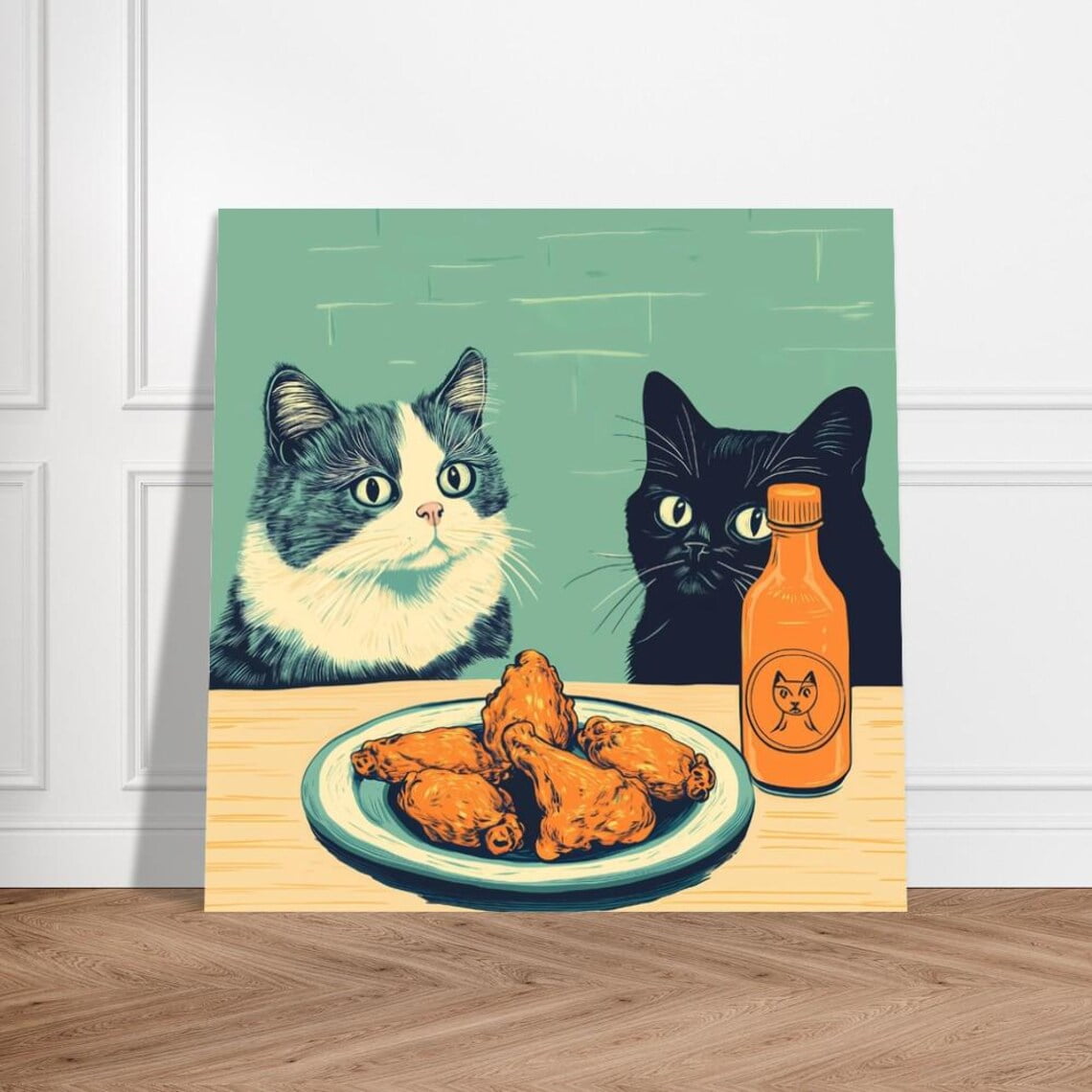 Chicken Wing Decor Quirky Cat Kitchen Art Print Dopamine Wall Decor ...