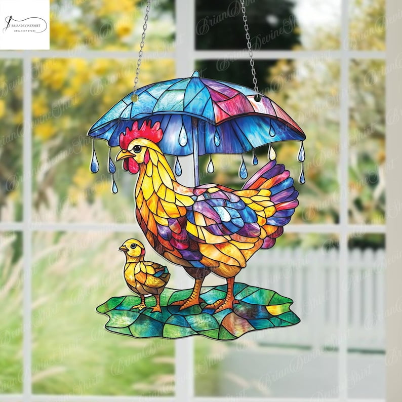 Chicken and Chick Window Hanging Acrylic, Colorful Umbrella Design ...