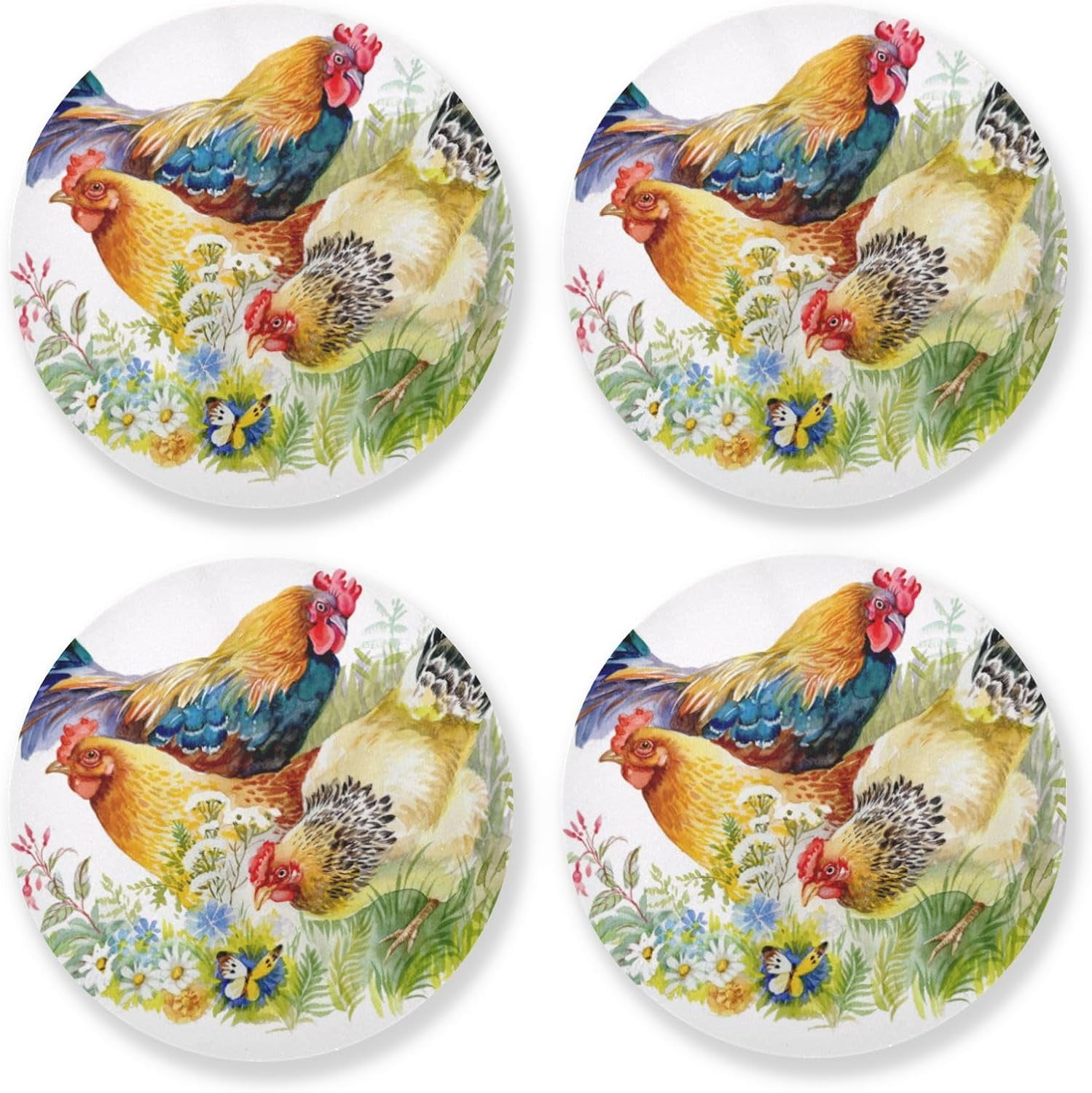 Chicken and Rooster in The Grass on White Drinks Coasters, Non-Scratch ...