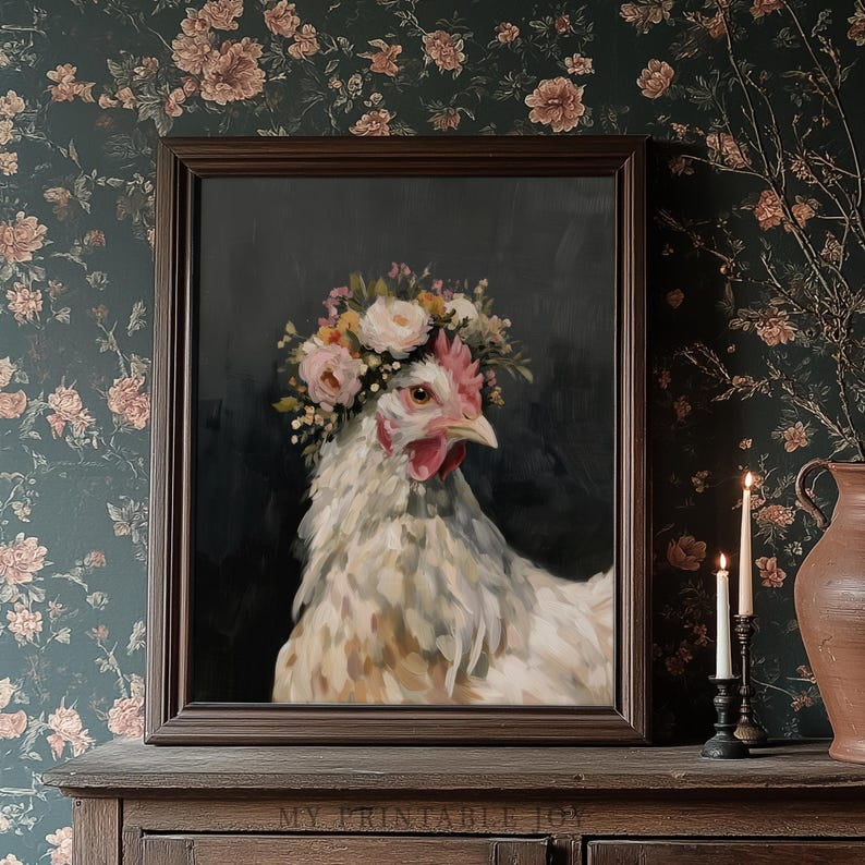 Chicken wearing a wreath – Rustic farm animal painting, Cottagecore ...