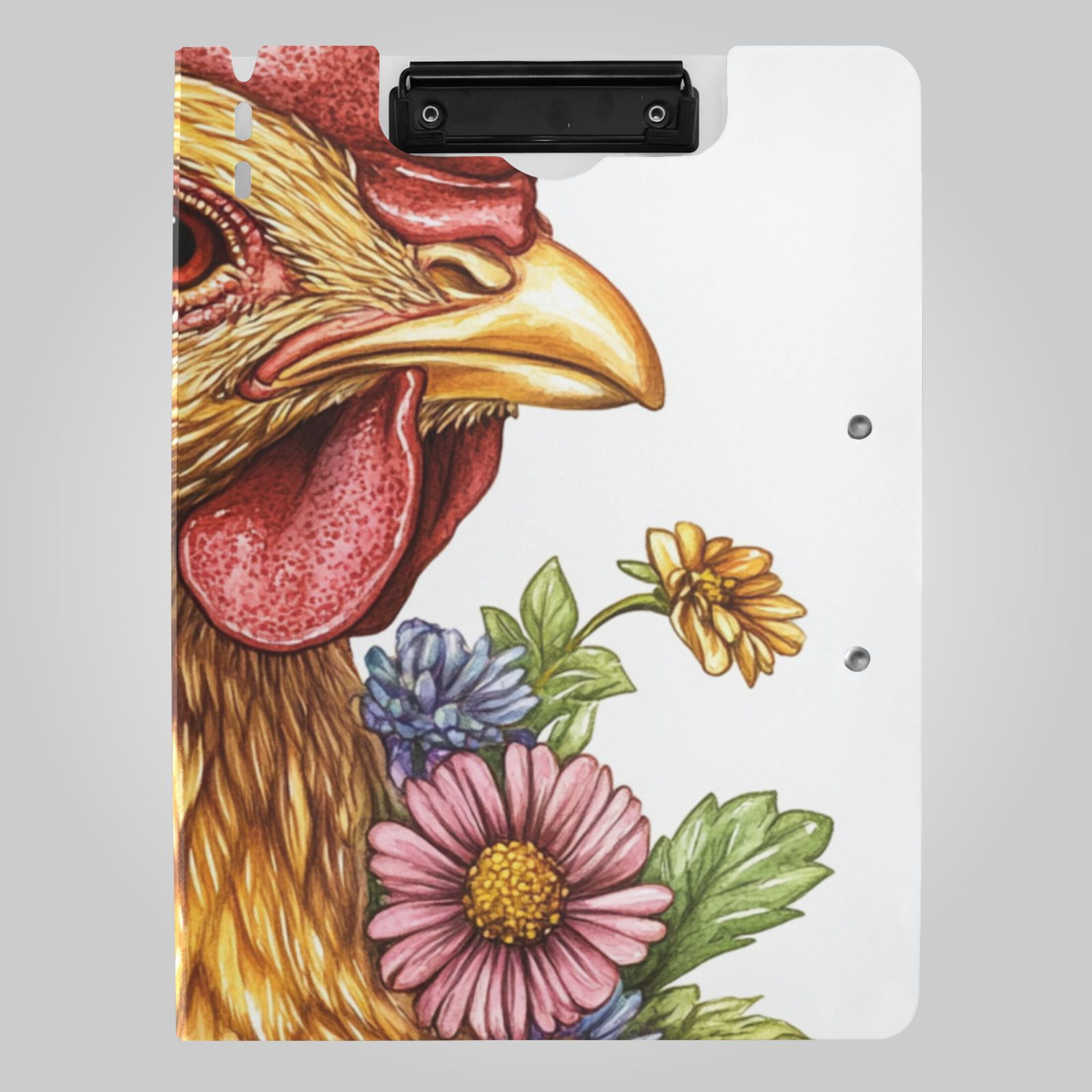 Chicken with Flowers Around Foldable Binder Folder Clipboard with Pen ...