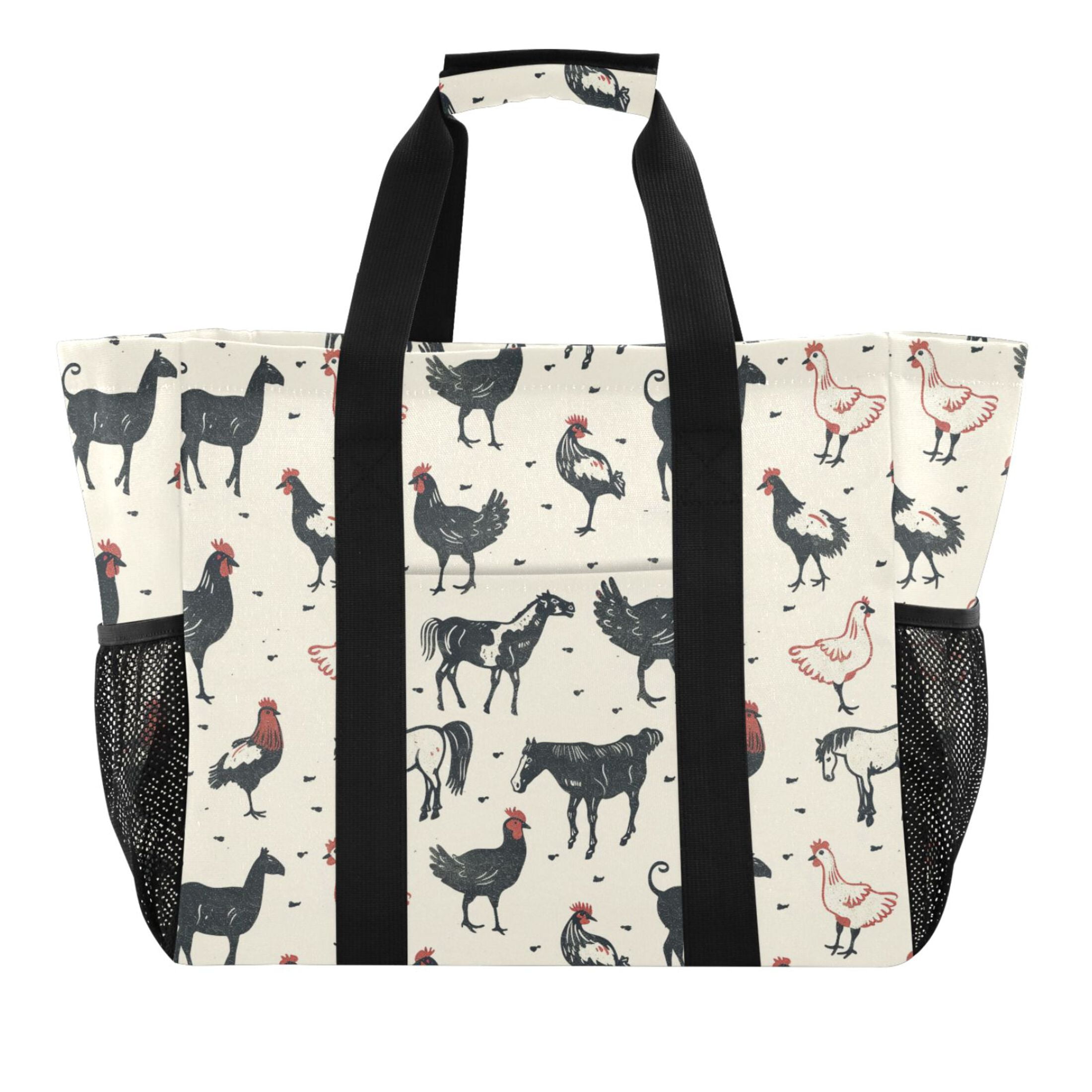 Chicken with Horse Reusable Grocery Bags with Handle Side Pocket ...