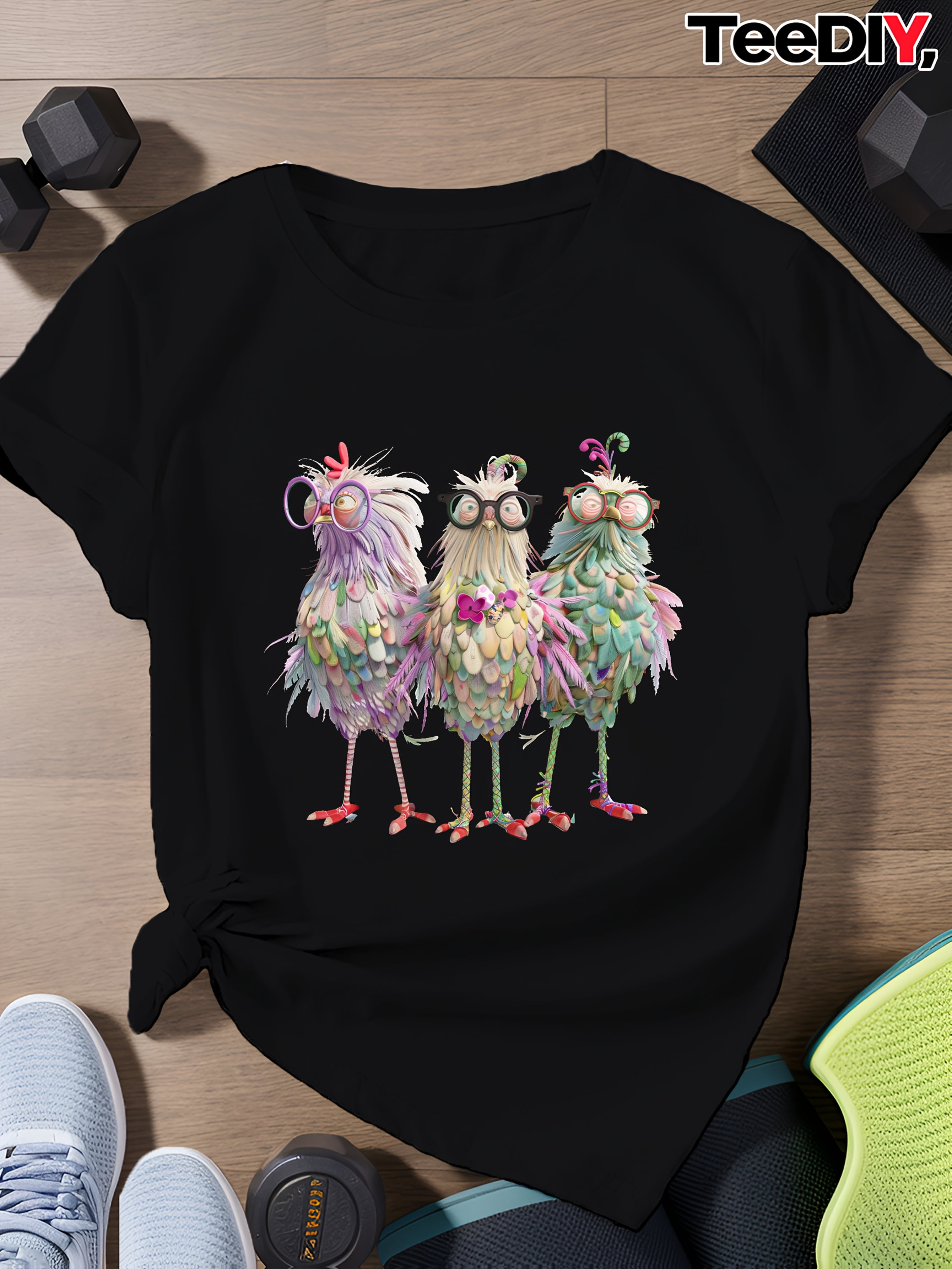 Chickens Anthropomorphic Pattern Printed Women's Plus Size Round Neck ...