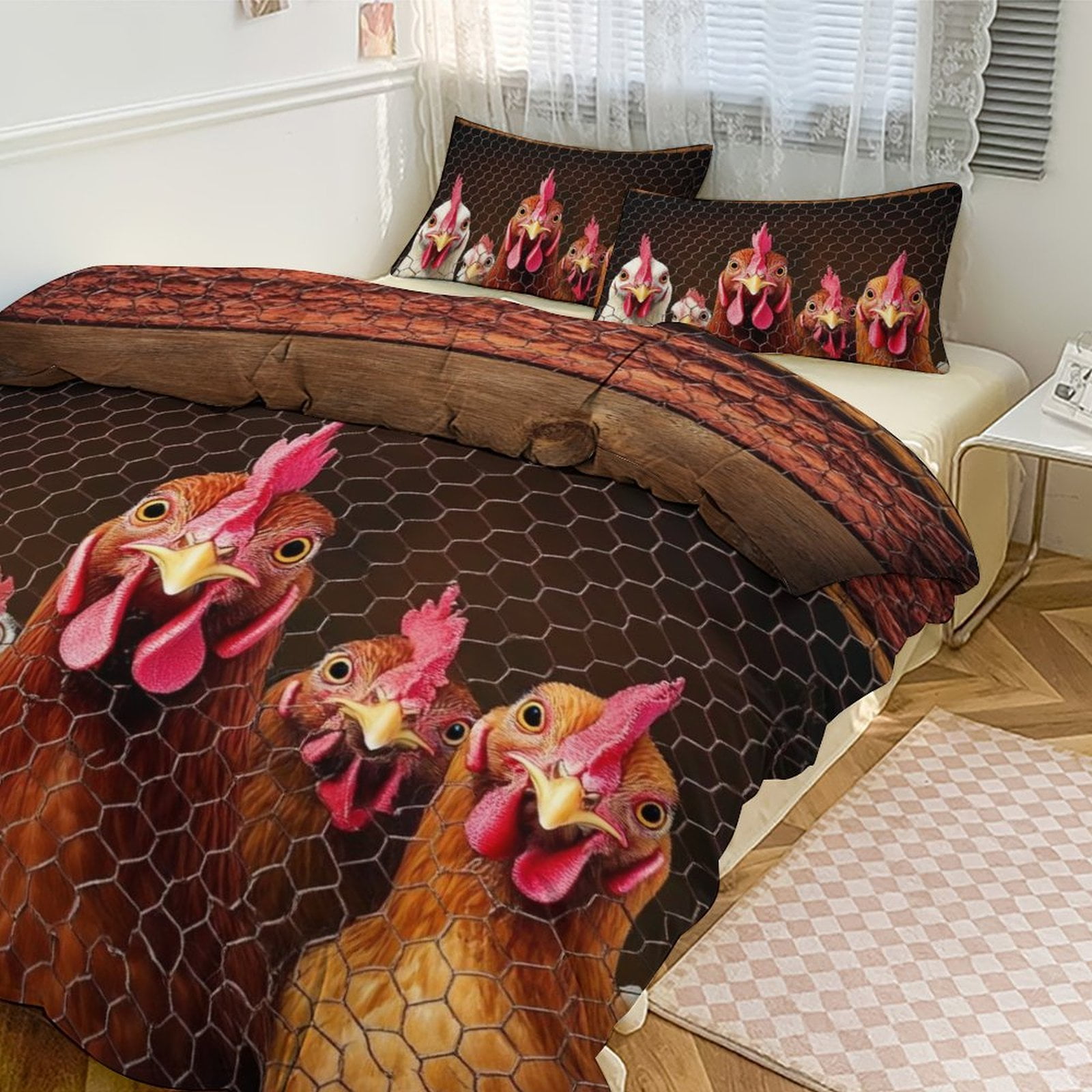 Chickens Behind Fence Art 102"x90" 3 Pcs Soft Bedding Set, Includes ...