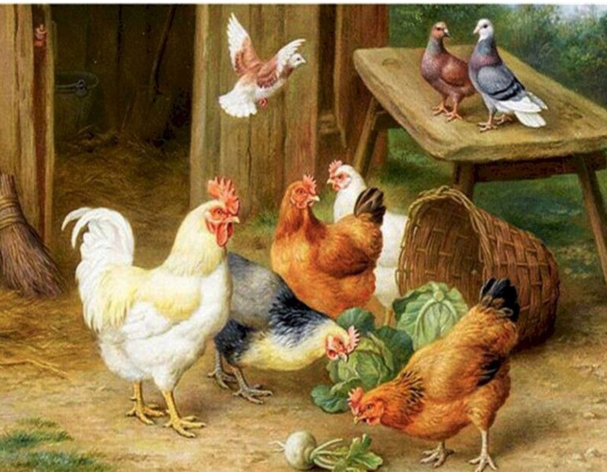 Chickens in Farm Yard, Acrylic Paint on Canvas, Rooster Painting ...