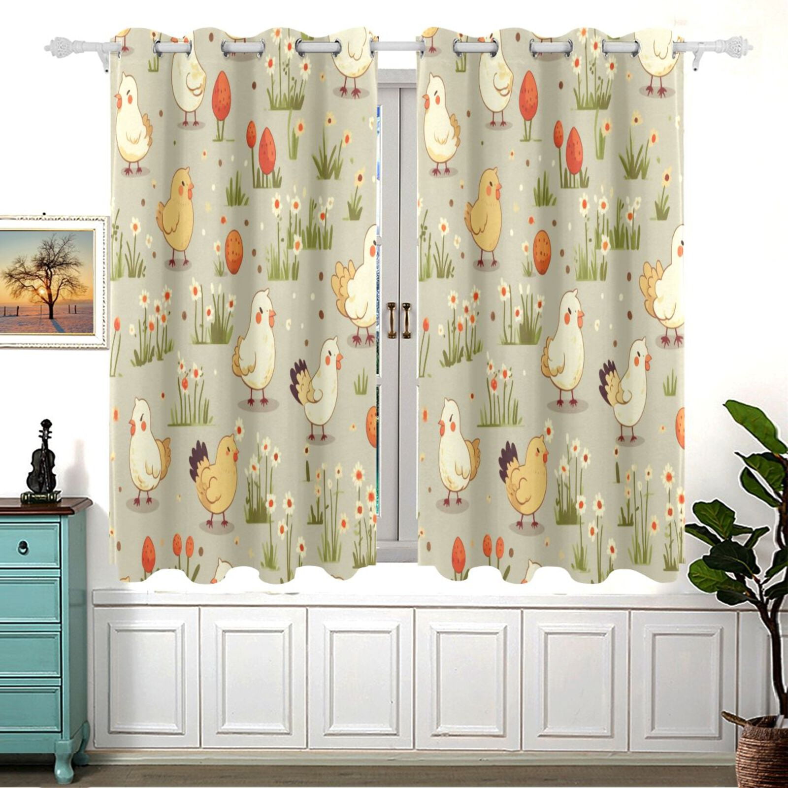 Chickens Flowers Black Out Curtains Aesthetic for Bedroom Living Room ...