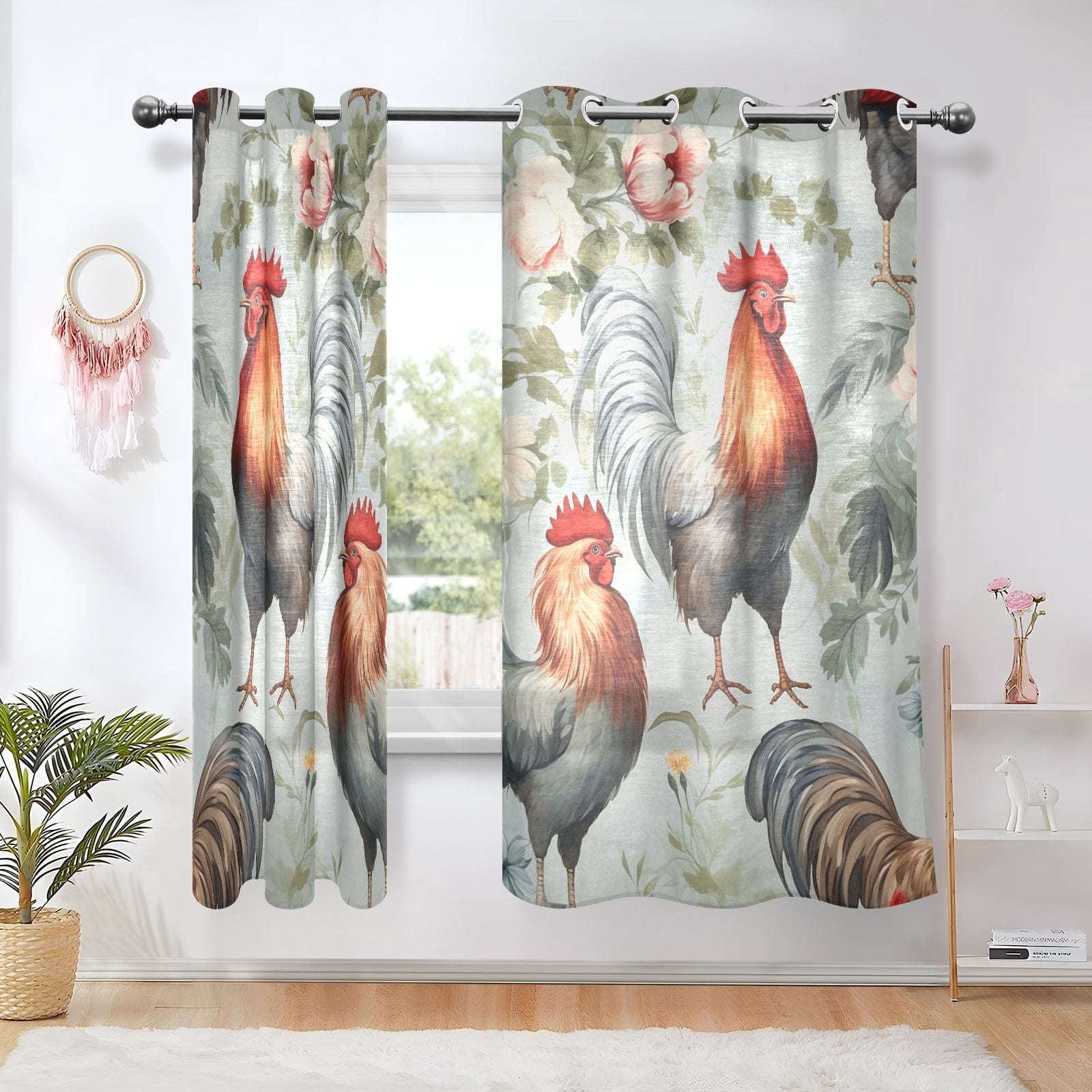 Chickens Flowers Leaves Blackout Curtains Thermal Insulation 63 inch ...