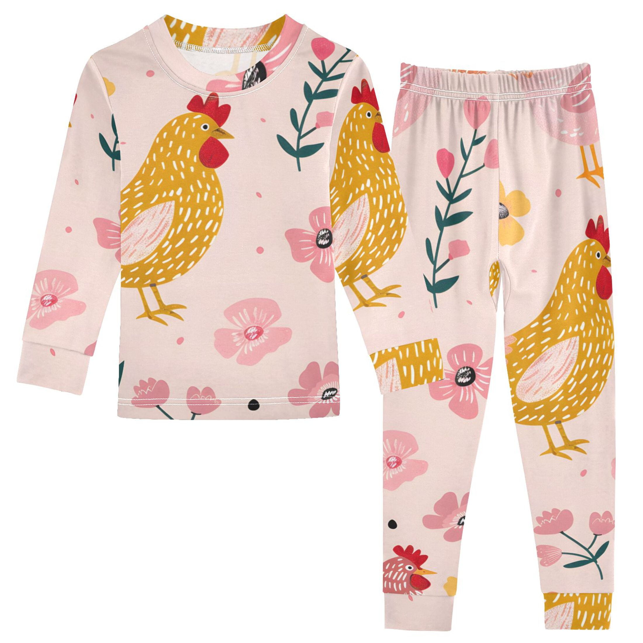 Chickens Flowers Leaves Cotton Pajama Set Long Sleeve Top and Pants ...