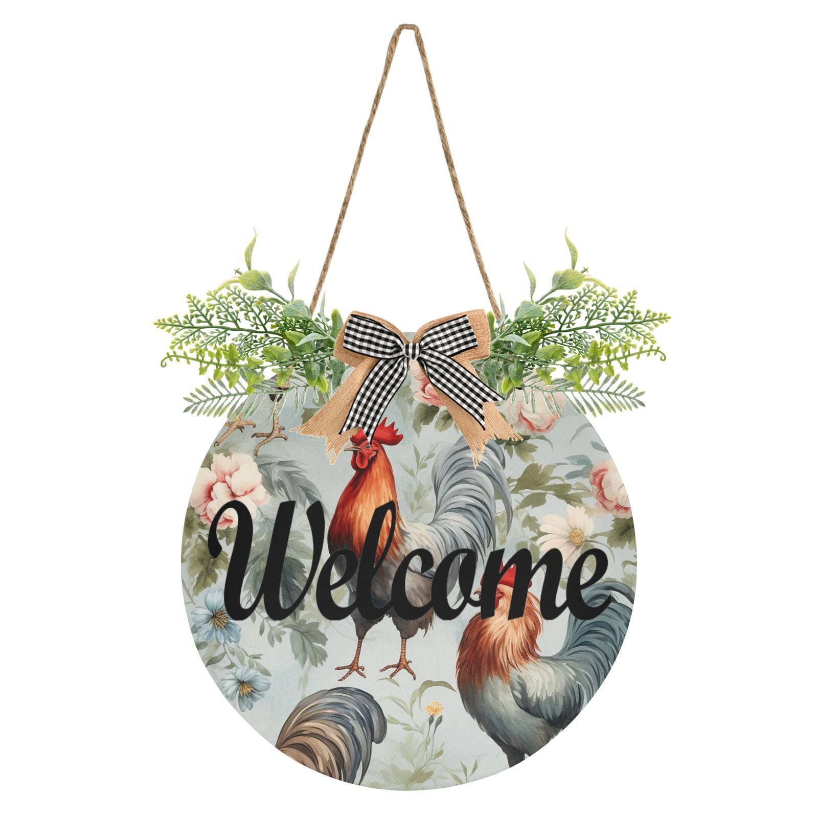 Chickens Flowers Leaves Welcome Sign for Front Door Wreath Door Sign ...