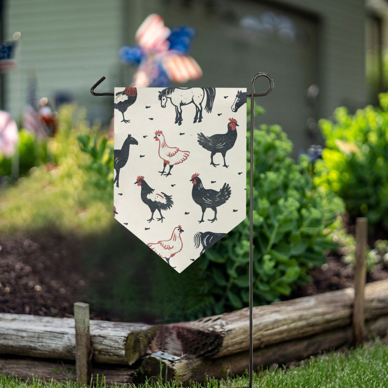 Chickens Horses Garden Flag 18" x 12.5" Double Sided Yard Lawn Outdoor ...
