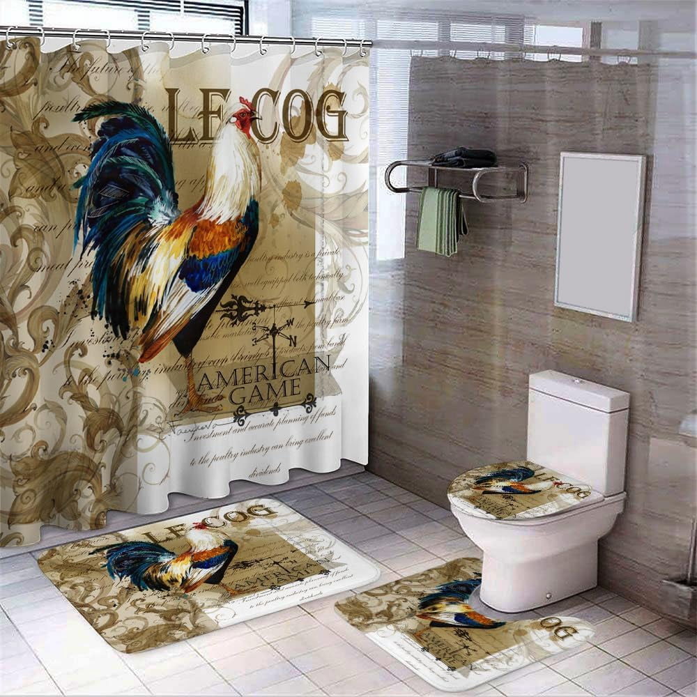 Chickens Print Shower Curtain Set Rustic Bathroom Set Farmhouse Rugs ...