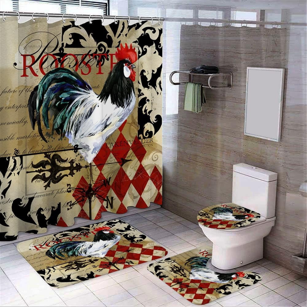 Chickens Print Shower Curtain Set Rustic Bathroom Set Farmhouse Rugs ...