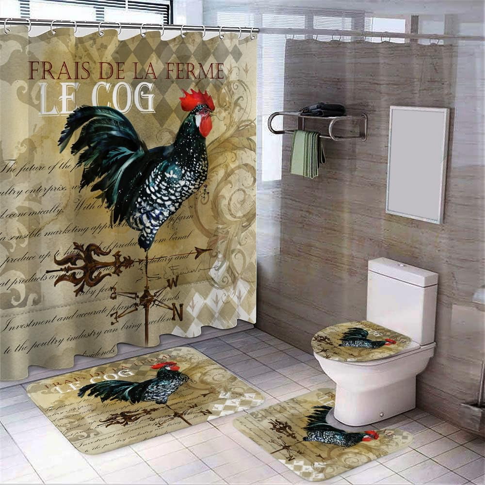 Chickens Print Shower Curtain Set Rustic Bathroom Set Farmhouse Rugs ...