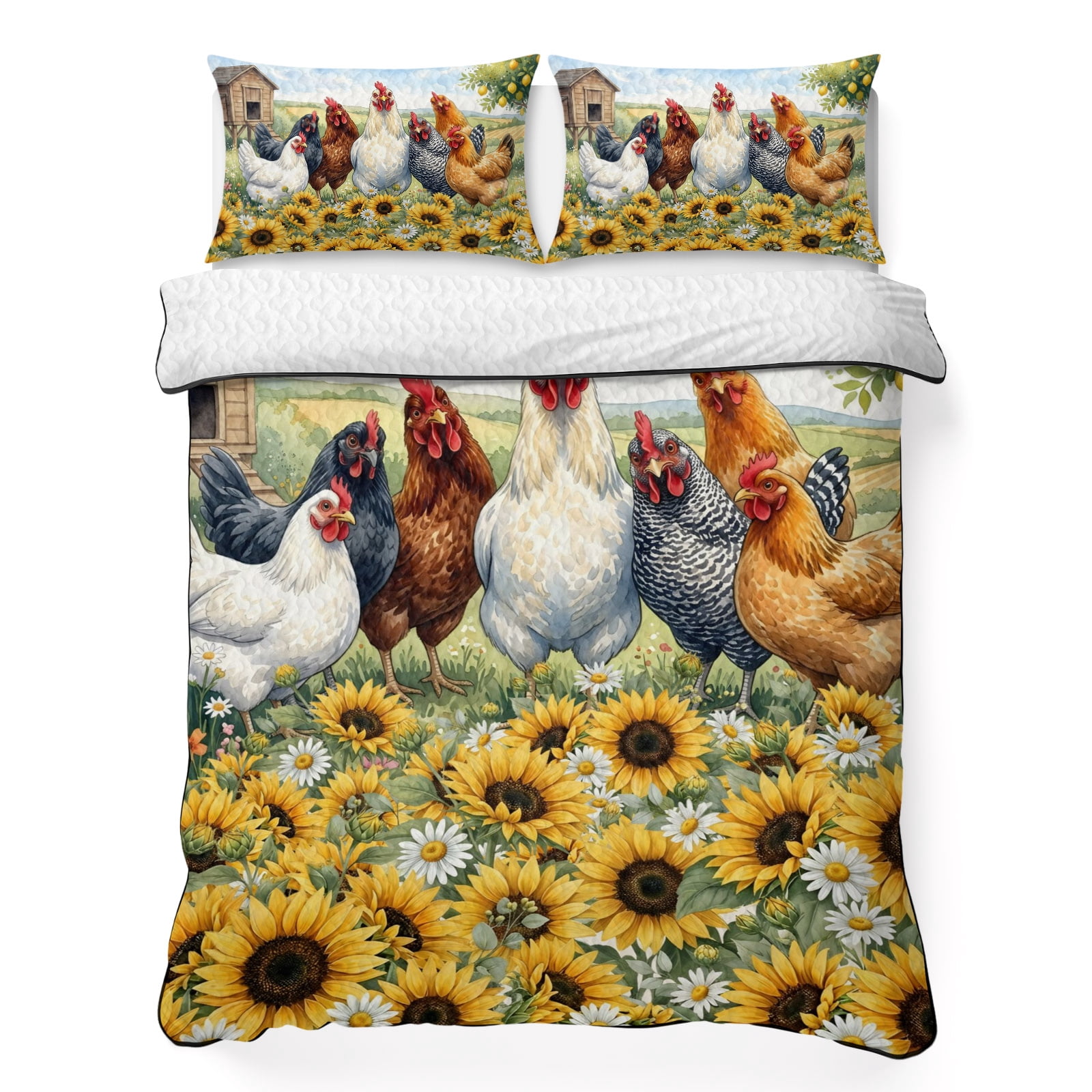 Chickens Rooster 3 Piece Quilt Bedding Set with 2 Pillow Shams, Yellow ...