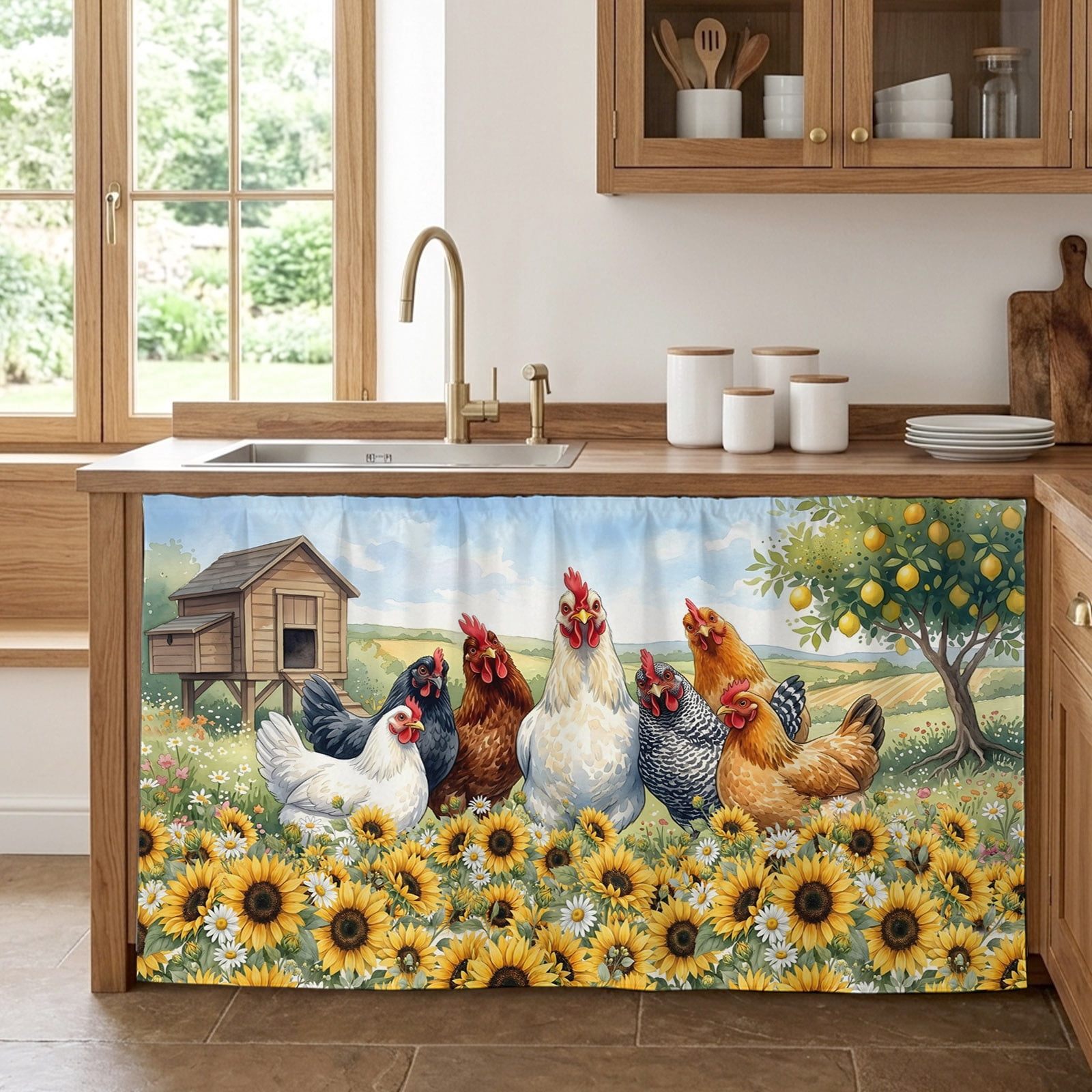 Chickens Rooster Cabinet Curtains 32" W x 55" L, Yellow Sunflowers Barn ...