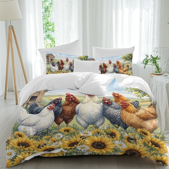 Chickens Rooster Duvet Cover Set Full Size, Yellow Sunflowers Barn ...