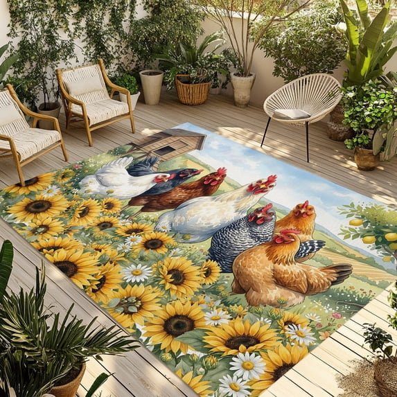 Chickens Rooster Outdoor Rug 4x6 ft Yellow Sunflowers Barn Farmhouse ...
