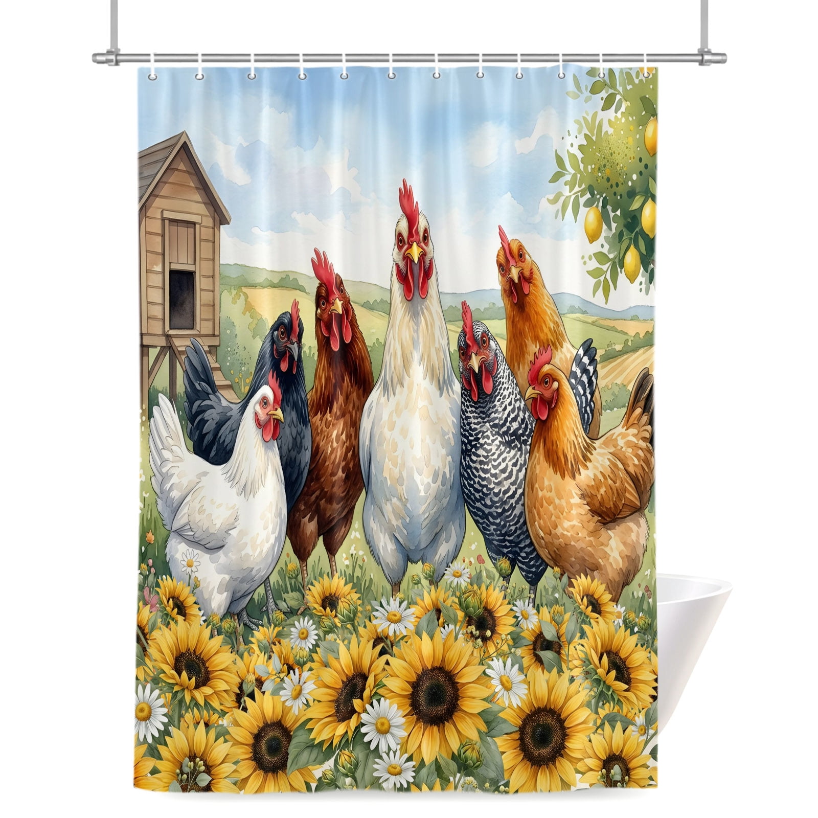 Chickens Rooster Shower Curtain, Yellow Sunflowers Barn Farmhouse ...