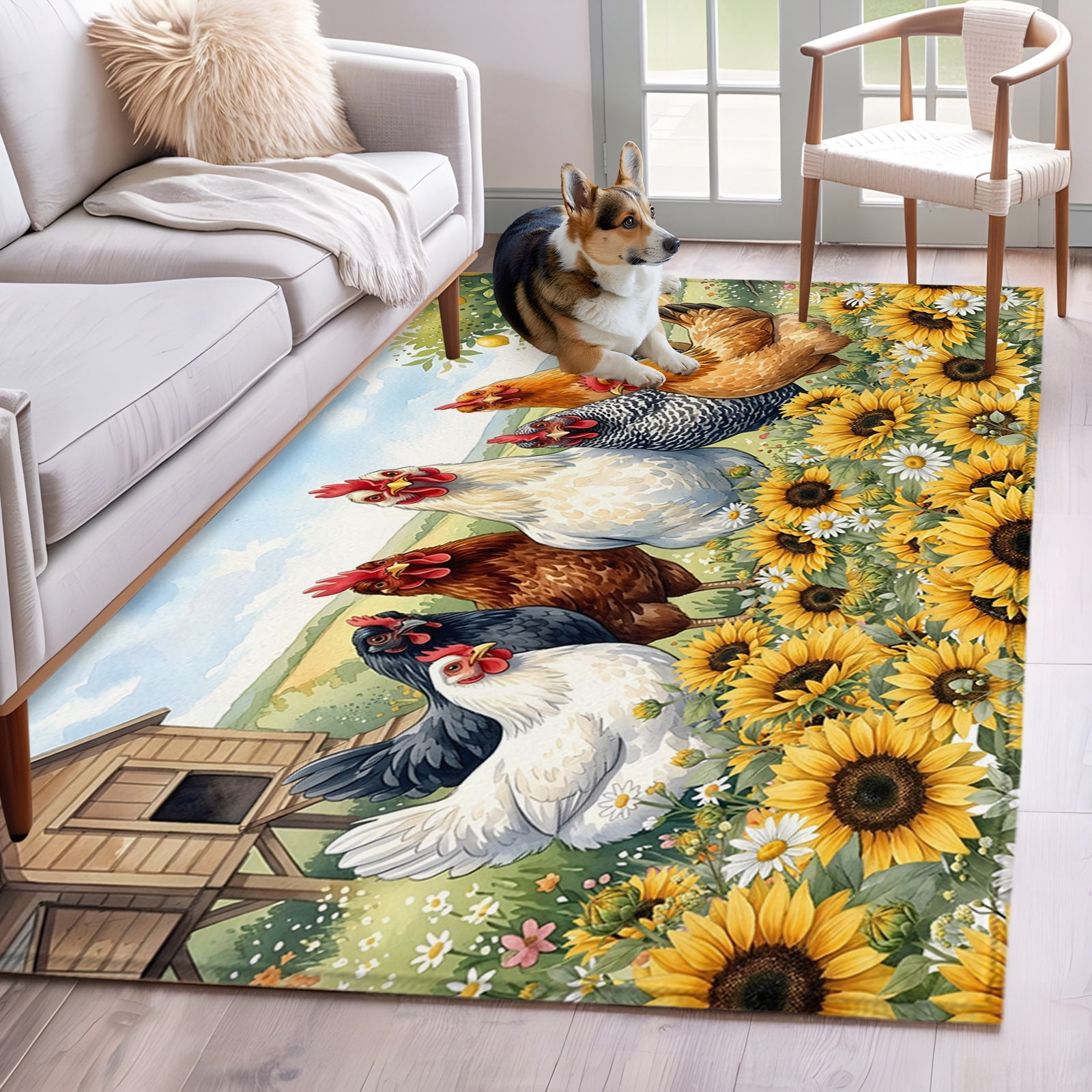 Chickens Rooster Washable Area Rug 2.7x5 Yellow Sunflowers Barn ...
