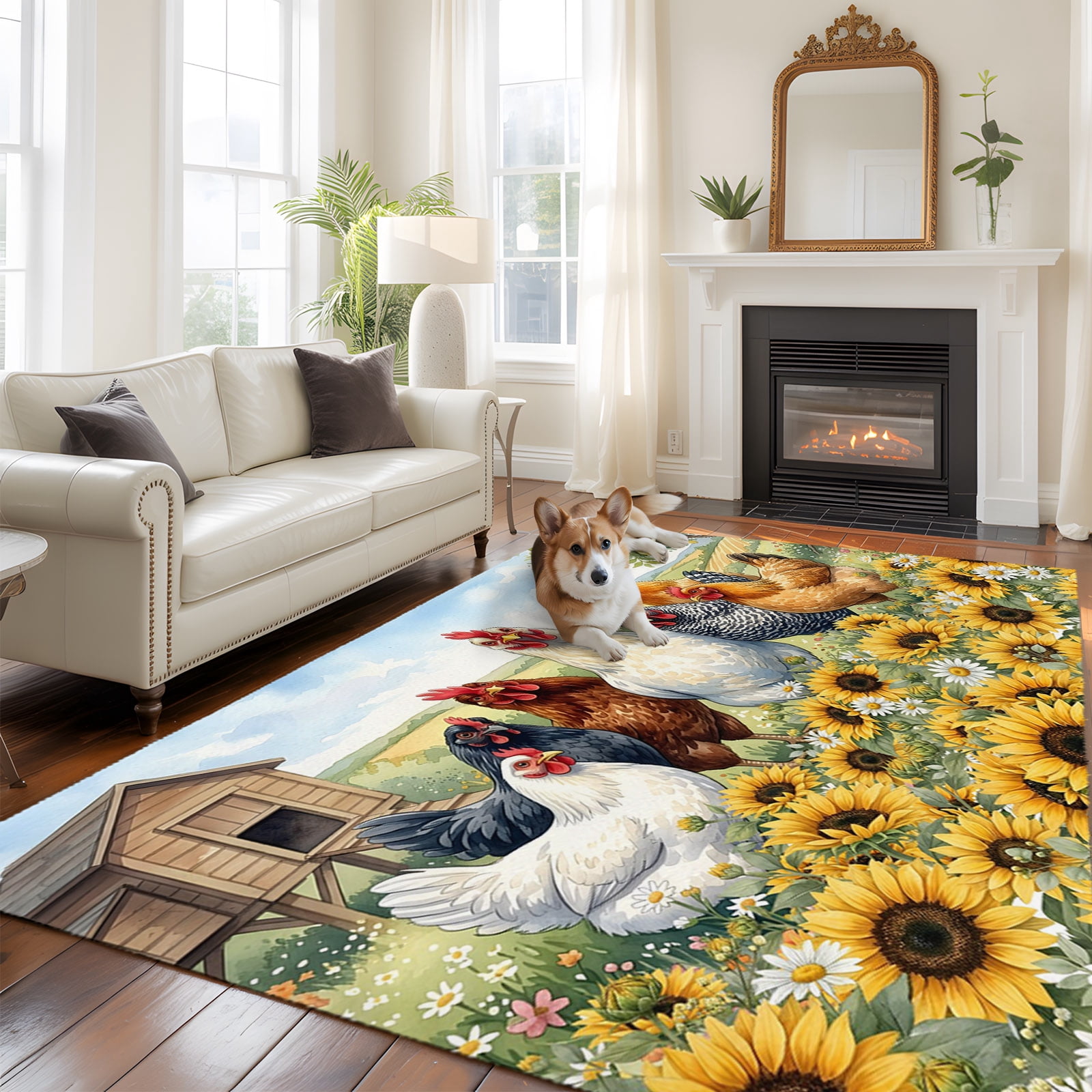 Chickens Rooster Washable Area Rug 5x7 Yellow Sunflowers Barn Farmhouse ...